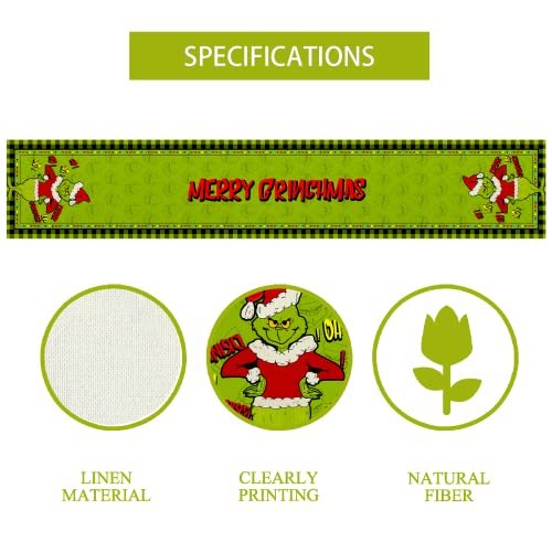 FARMNALL Linen Green Christmas Table Runner Merry Grinchmas Tablecloth Christmas Xmas Winter Holiday Home Kitchen Table Decorations 13x72 Inch