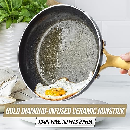 Blue Diamond Gold 10 Piece Cookware Set,Ceramic Nonstick, PFAS Free, PFOA Free, Induction Suitable, Dishwasher Safe, Gold Handle, Black