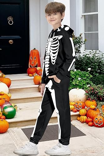Girls Halloween Costume Bone Skeleton Skull Sweatshirt Hoodie Pant Set for Boys 9-10 Years