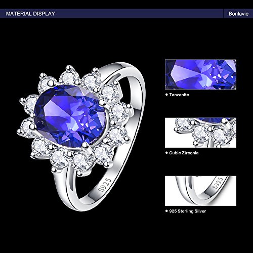 BONLAVIE 4.4ct Oval-Cut Created Blue Tanzanite Ring for Women 925 Sterling Silver Princess Cut Diana Engagement Ring Size 8