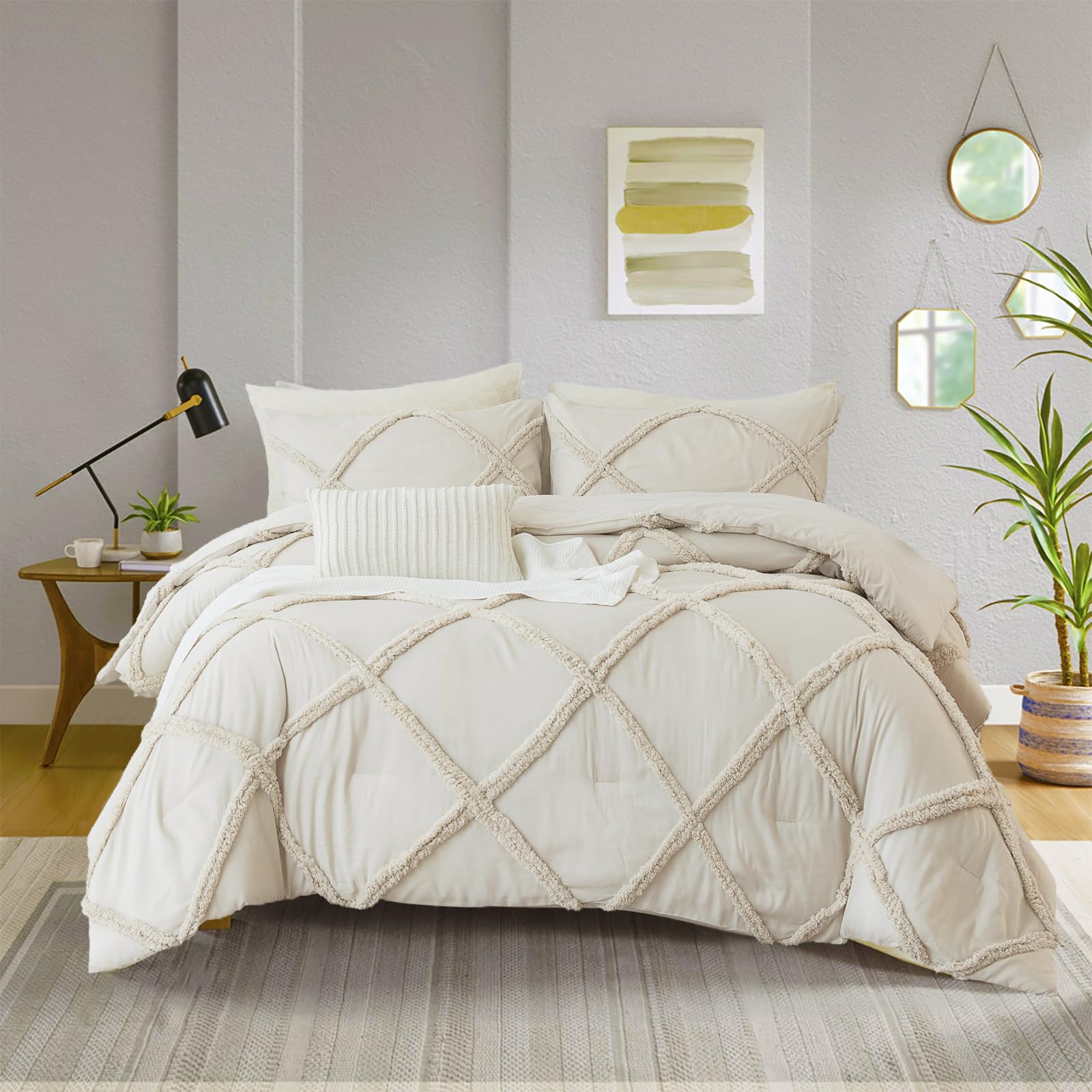 Bedbay White Tassel Comforter Set Queen Size Boho Aesthetic Bedding Set Queen Bed Set Tassel Decor Farmhouse Shabby Chic Bedding Luxury 3 Pieces Ultra Soft Microfiber Comforter(White,Queen)