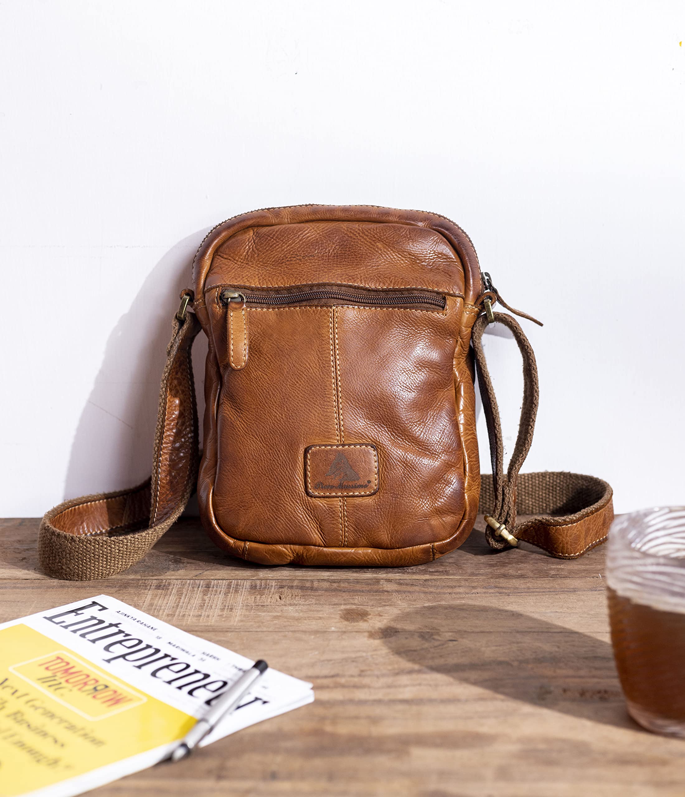 PICCO MASSIMO Premium quality leather made Cross Body Bags for men and women |Spacious Separate Compartments With Zipper and Adjustable straps (TAN Colour)