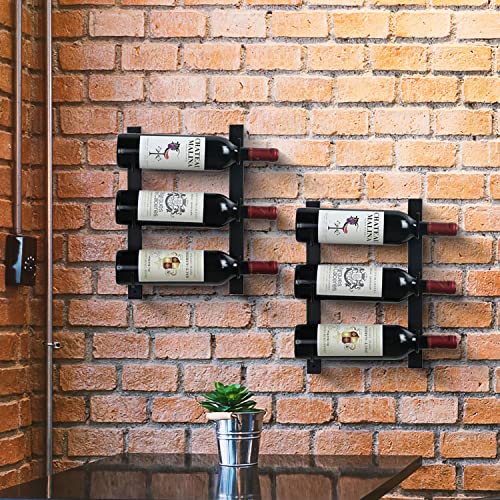 MyGift Modern Wall Mounted Matte Black Metal Wine Storage Rack Set, Hanging Wine Bottle Holder Display Rack, Holds 6 Bottles