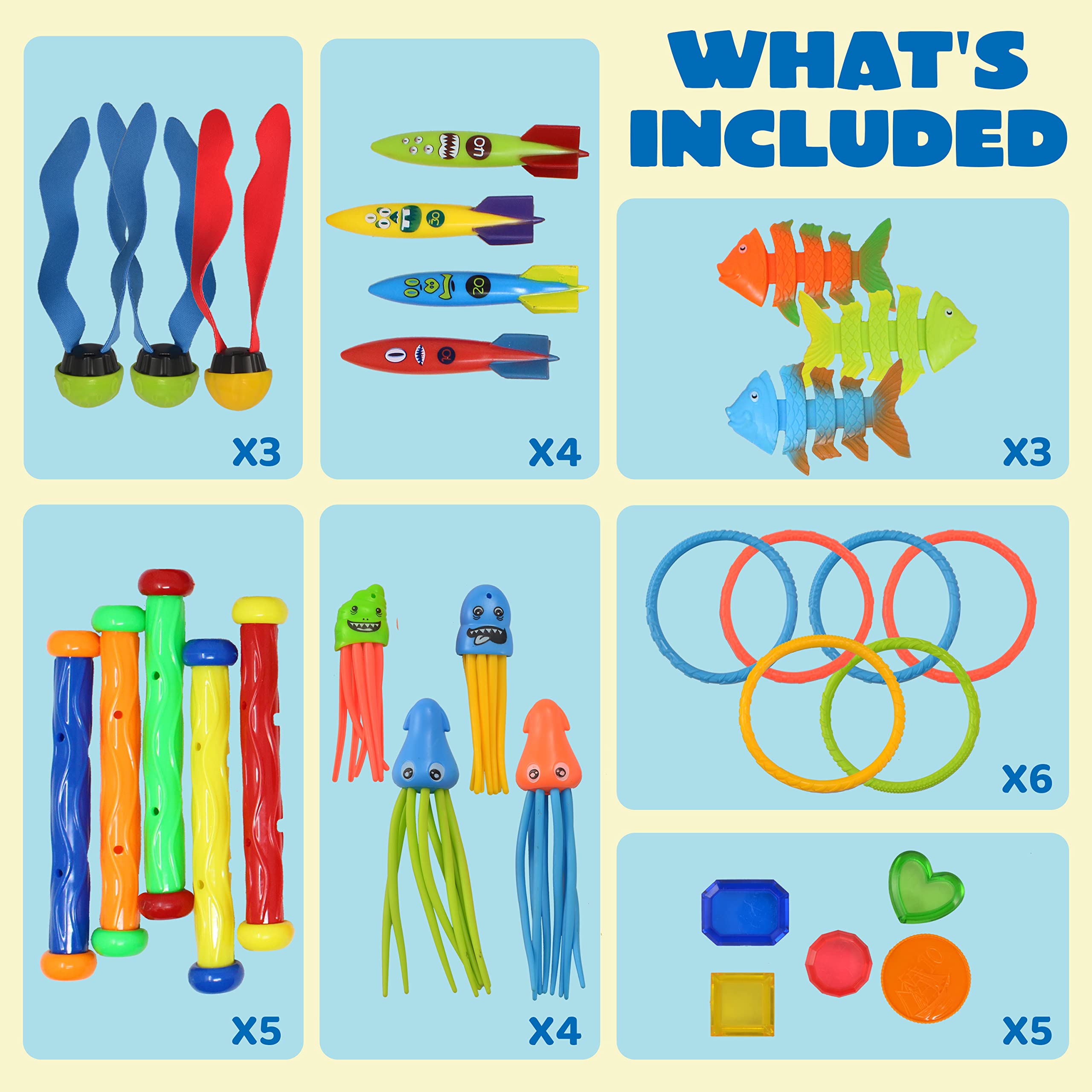 JOYIN 30 Pcs Diving Pool Toys for Kids Ages 3-12 Jumbo Set with Storage Bag Pool Games Summer Swim Water FishToys