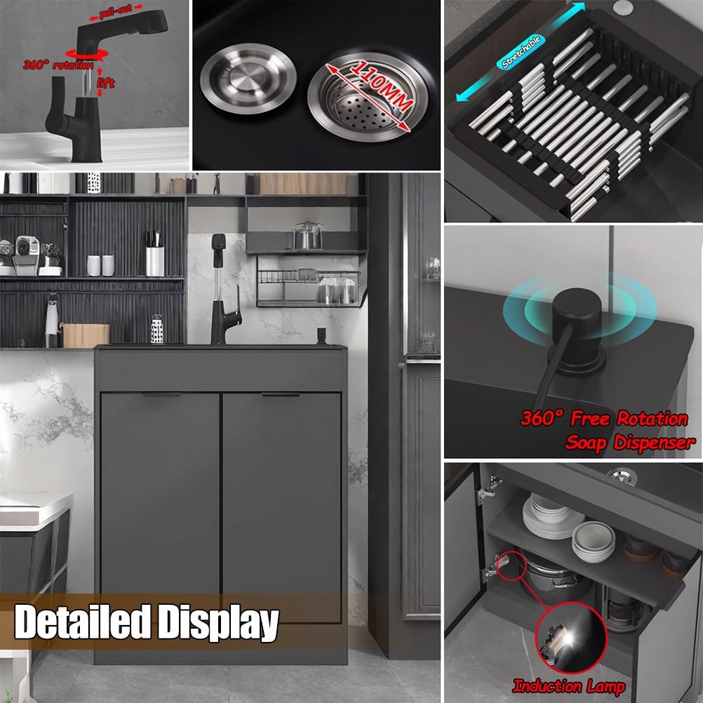 Commercial Kitchen Sink 304 Stainless Steel Utility Sink With Cabinet, Outdoor Free Standing Sink With Utility Faucet, Drain Basket & Draining Rack, Portable Can Be Moved Independently