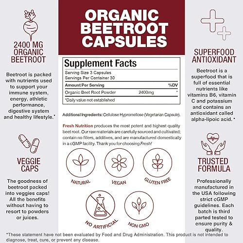 Fresh Nutrition Organic Beet Root Capsules - Strongest DNA Verified 2400mg Per Serving - Vegan Friendly, Non GMO, Gluten and Soy Free