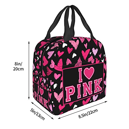 Giwawa I Like Pink Lunch Bag Pink Heart Portable Insulated Lunchbox Waterproof Tote Bento Bag for School Office Camping Picnic