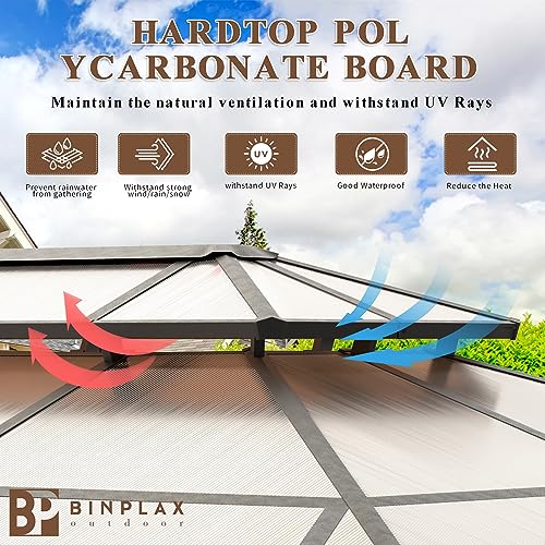 Binplax Hardtop Gazebo Polycarbonate Double Roof Canopy Curtains Aluminum Frame with Netting for Garden, Patio,10' ×13'