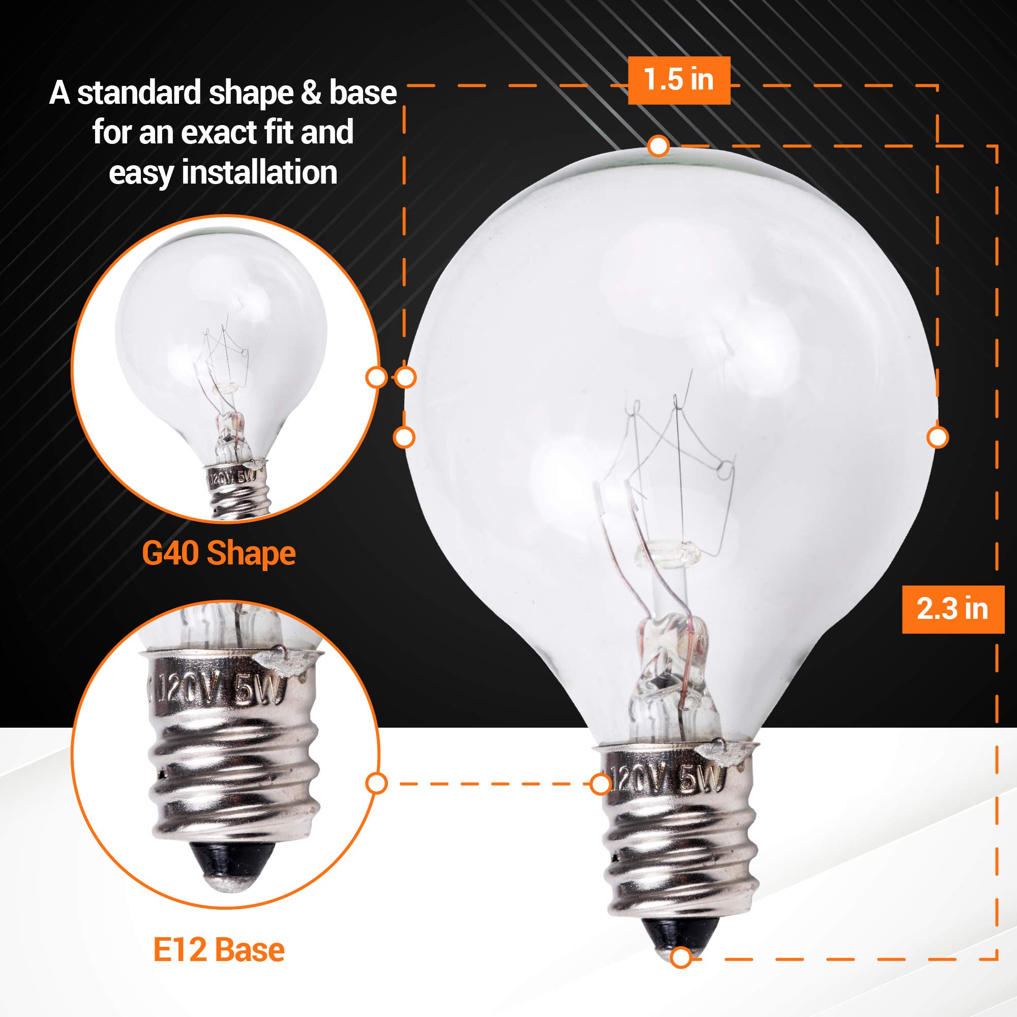 BlueStars E12 G40 Bulb 120V 5W Pack of 50 Replacement Bulb High Output Warm White Light Dimmable 2500K 25 lm for String Lights Screw Base Outdoor/Indoor