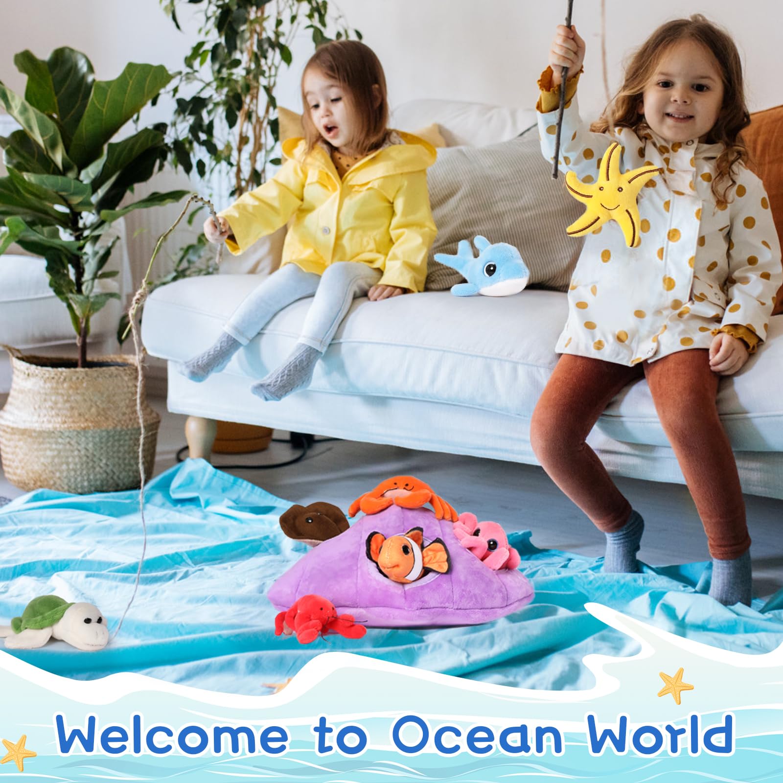 Muiteiur Plush Soft Ocean Animals Set with Plush Sea Shell House Includes Stuffed Turtle, Lobster, Crab, Dolphin, Devil Fish, Octopus, Starfish, Clownfish (Multicolor,8 Piece)