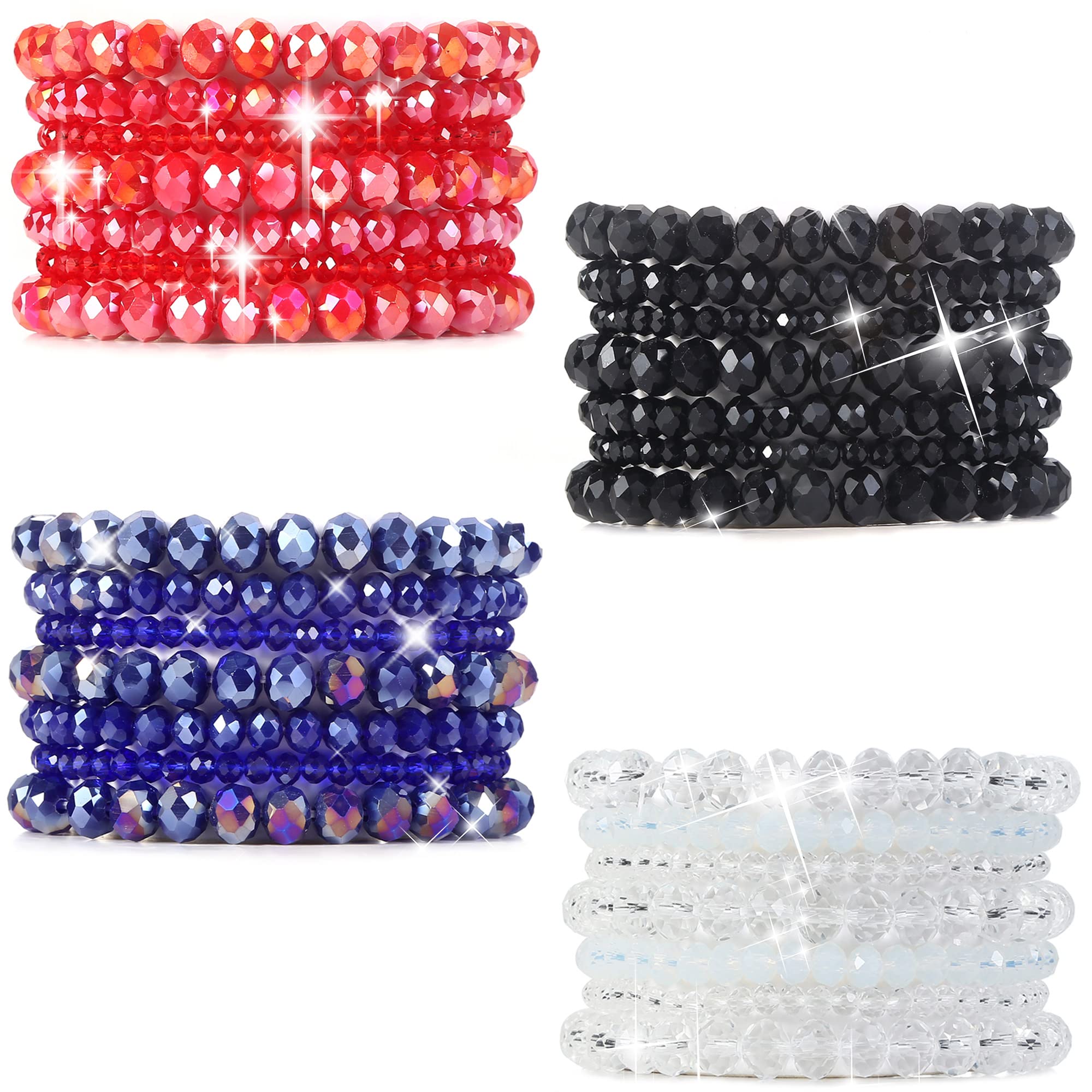 CASDAN 28 Pcs Crystal Beaded Bracelets for Women Bohemian Stackable Stretch Bracelets Crystal Beads Bracelets Jewelry Set 4-8 MM