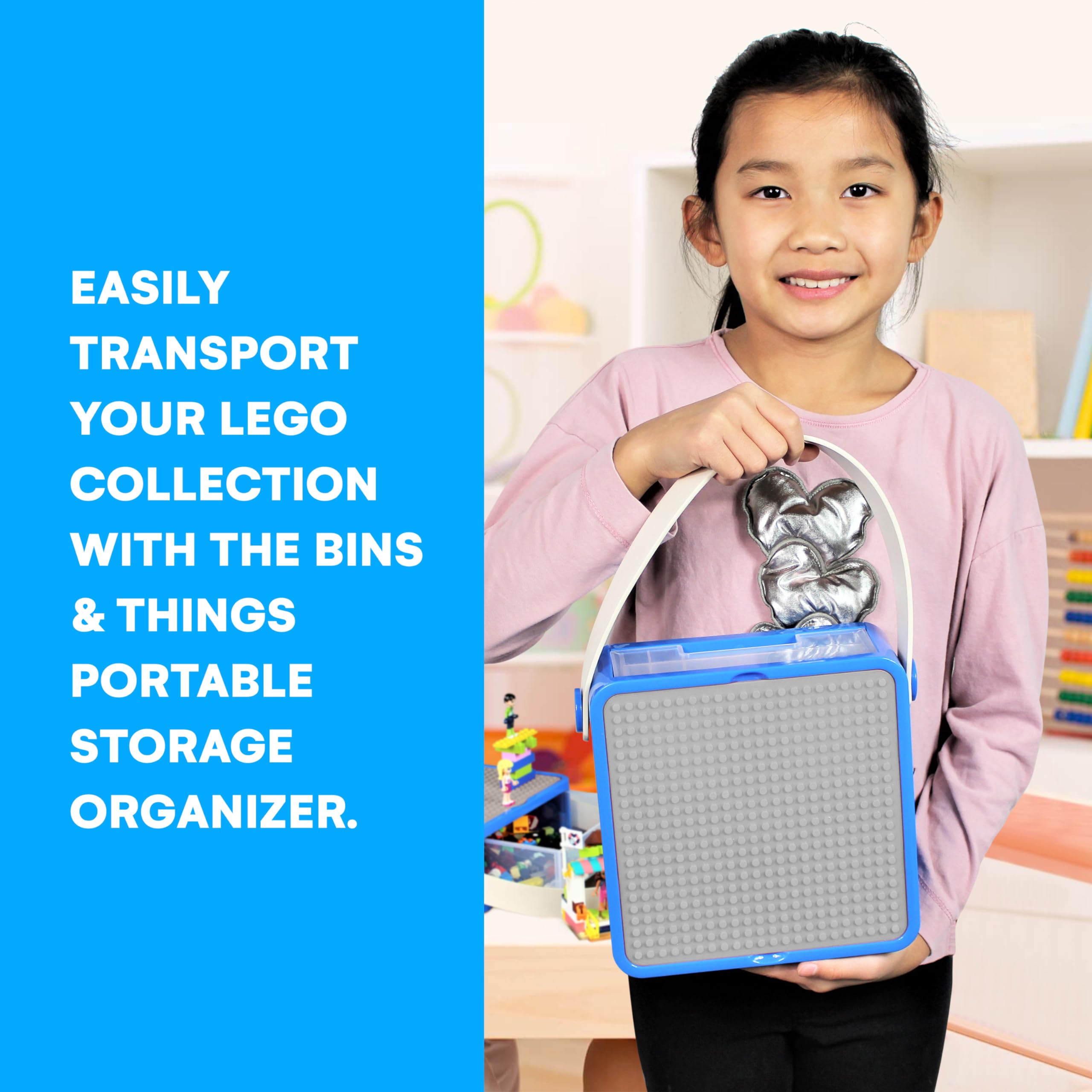 Bins & Things Lego Storage, Bin Box Organizer - Kids Toy Storage Containers - Small Brick Shaped Tub Organizer for Legos, Barbie Dolls and Hot Wheels - Anti-Lego Mess Organizer (Blue & White)