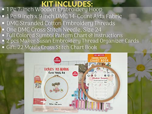 Maker Susan Loves Reading Pattern Counted Cross Stitch Kits for Adults and Beginners with Wooden Hoop, DMC Fabric, Threads and Needles, Embroidery Thread Floss Organizer Cards, Embroidery Kit (E2002)