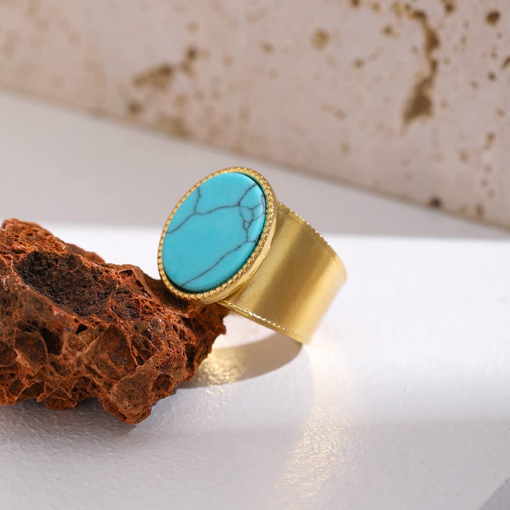 BLAVETI Stainless Steel Green Natural Turquoise Opening Ring,Statement Golden 18 K Plated Ring,for Jewelry Adjustable for Women Men Gift