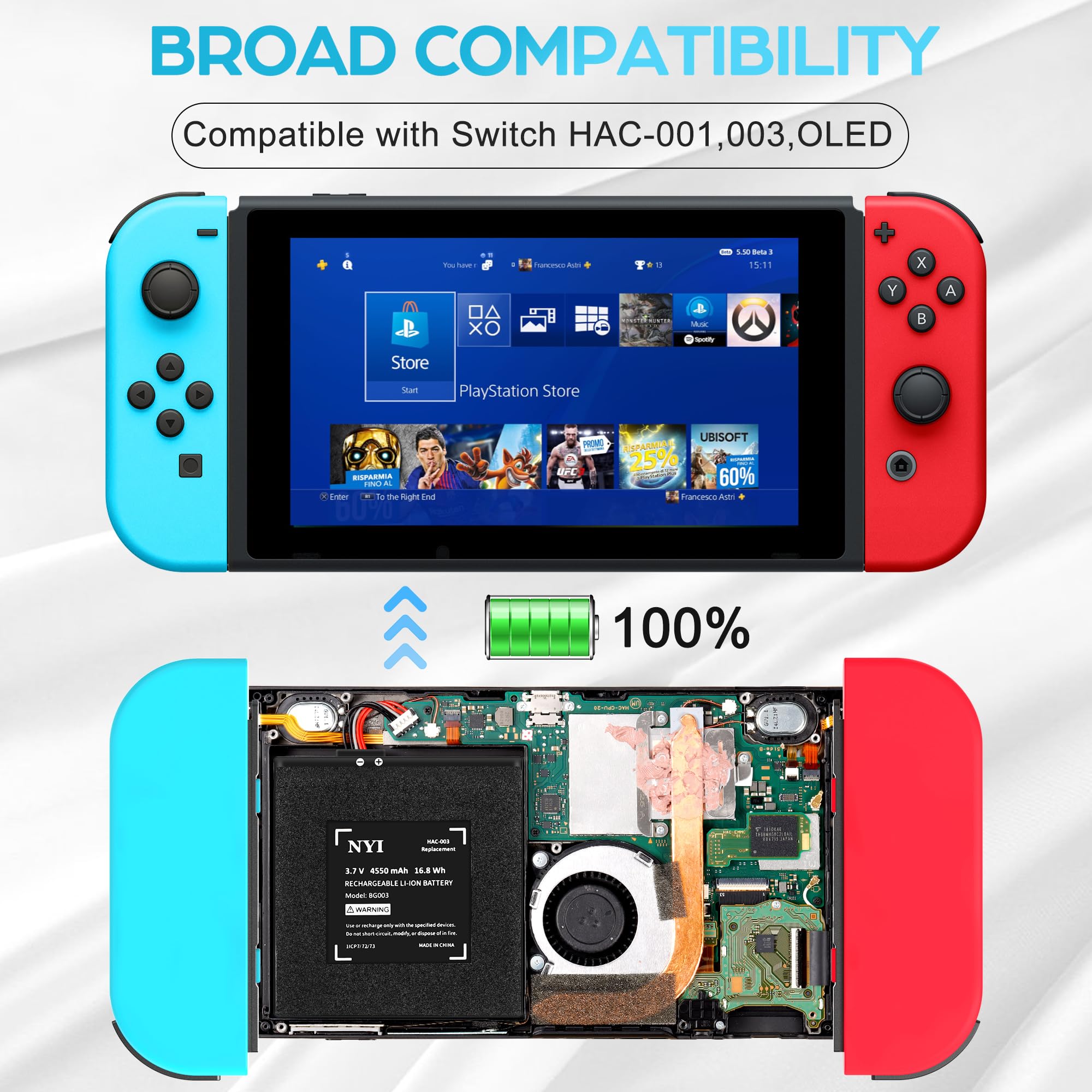NYI Upgraded 4550mAh HAC-003 Battery Replacement Compatible with Nintendo Switch Console Handhold HAC-001,High Capacity Internal Battery with Installation Tools Kit