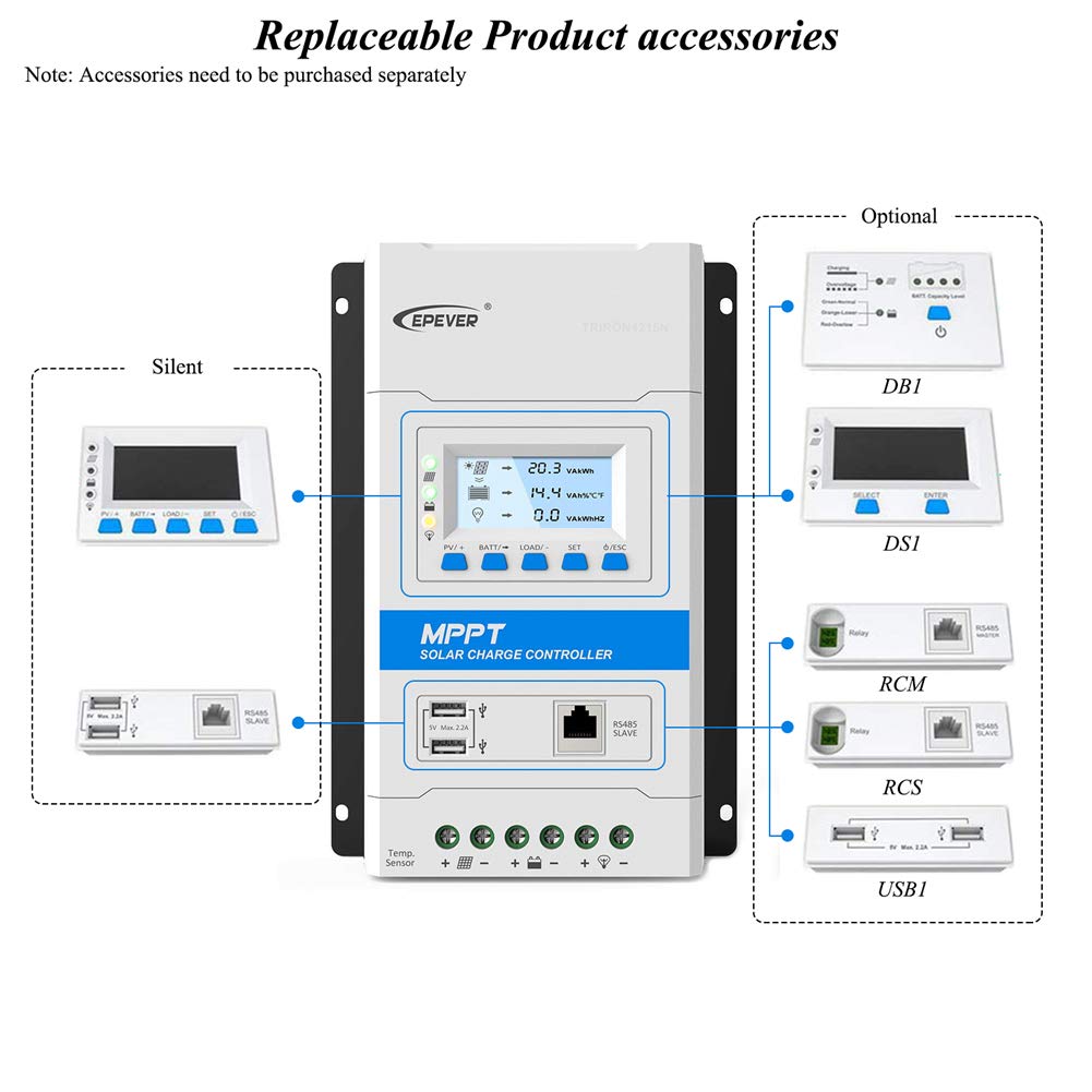 EPEVER Latest MPPT 40A Solar Charge Controller, 12V/24V TRIRON 4210N Intelligent Modular-Designed Regulator with Software Moblie APP -Updated Version of Tracer A/an Series&RS485&MT50&RTS
