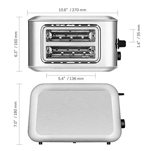 Toaster 2 Slice Wide Slot, CUSIBOX Stainless Steel Toaster Bread Toaster with Removable Crumb Tray, 7 Bread Browning Settings, REHEAT/DEFROST/CANCEL Function, 750W, ST013