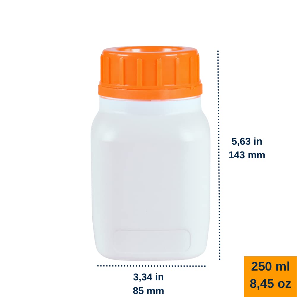 ISOLAB Wide Mouth HDPE Reagent Bottle, Leak Proof, Sample Sealing Liquid Storage Container, 2 pcs, Wet or Dry Product Storage (250ml/8.45oz)