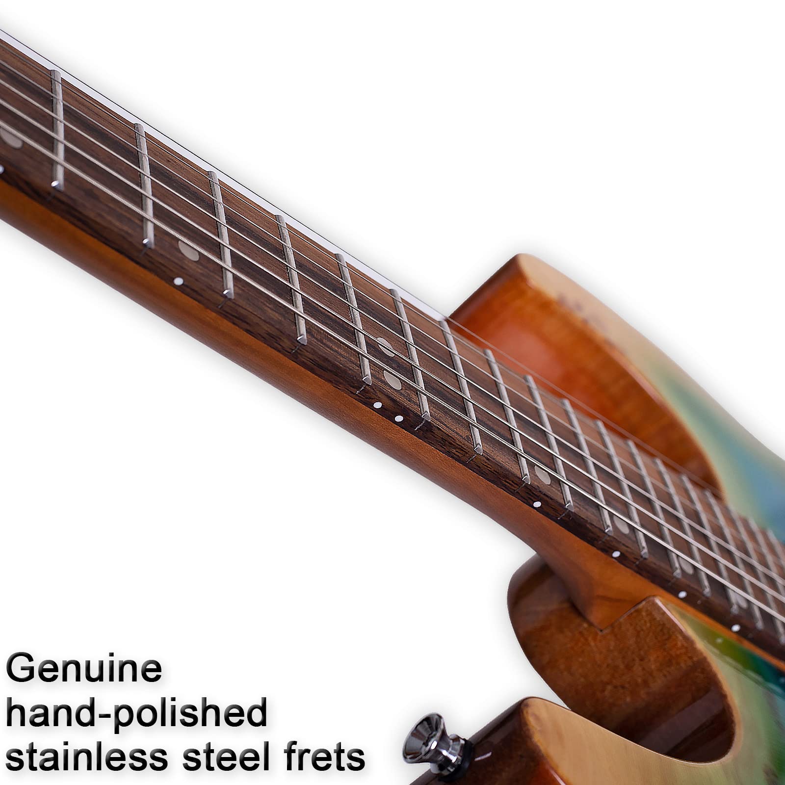 Boya&Ziqi BZK-024 Electric Guitar, Stainless Steel Frets (Hand Polished), Push-Pull Volume Control,5 Piece Roasted Maple/Maple Neck,Mahogany Body Topped with Burl Venner (Summer Ocean, Right)