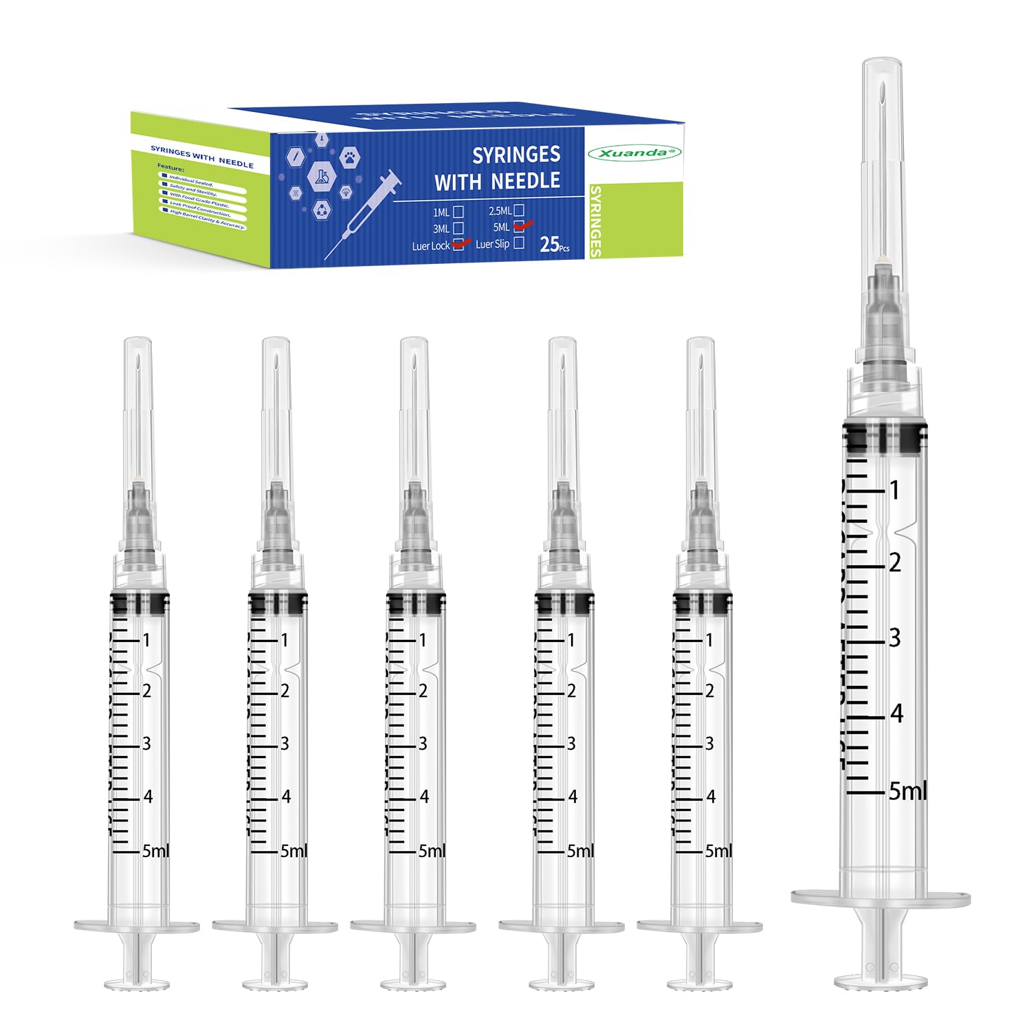 Xuanda 25Pack 5ml Syringe Individual Package Suitable for Industrial, Scientific, Measuring, Watering, Pet Feeding, Glue Applicator 