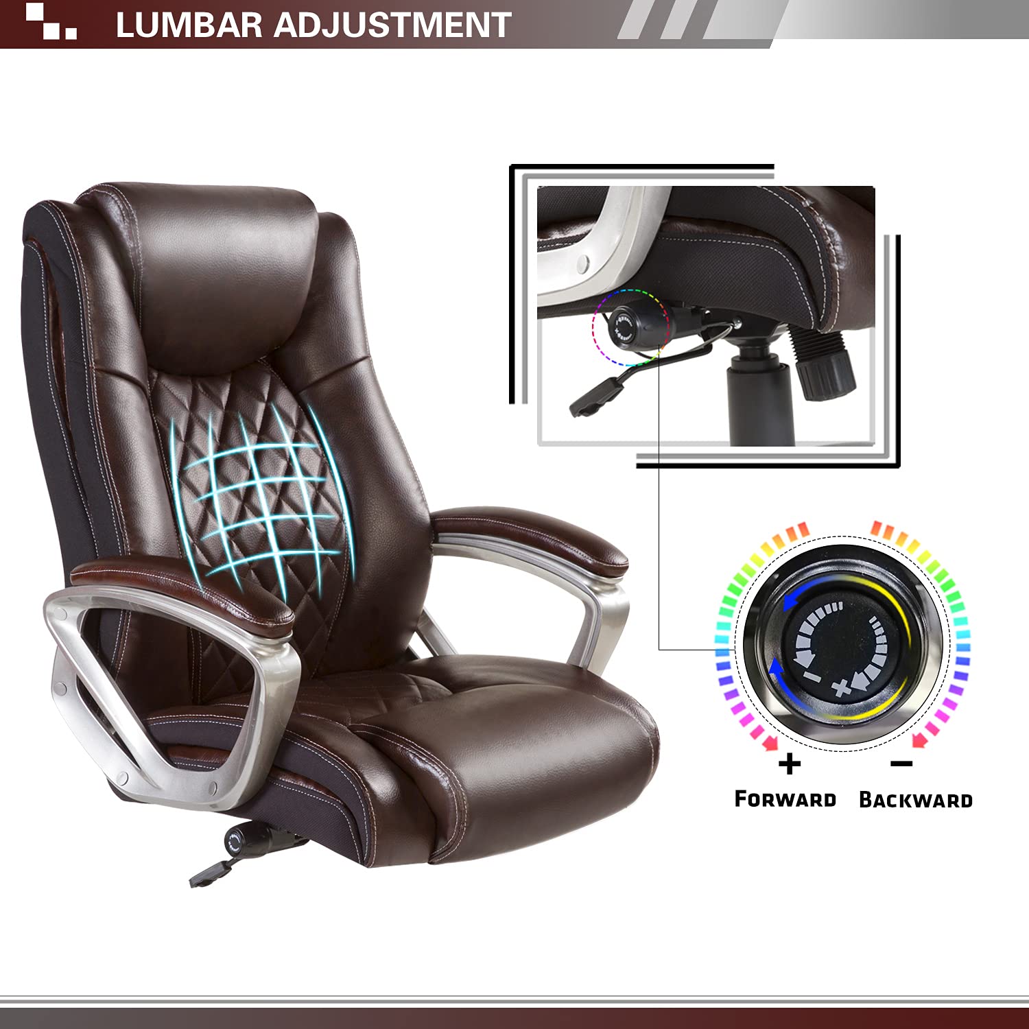 BOWTHY High Back Executive Office Chair 300lbs - Adjustable Built-in Lumbar Support, Ergonomic Leather Computer Desk Chair with Padded Armrest Swivel Chair for Home and Office (Brown)