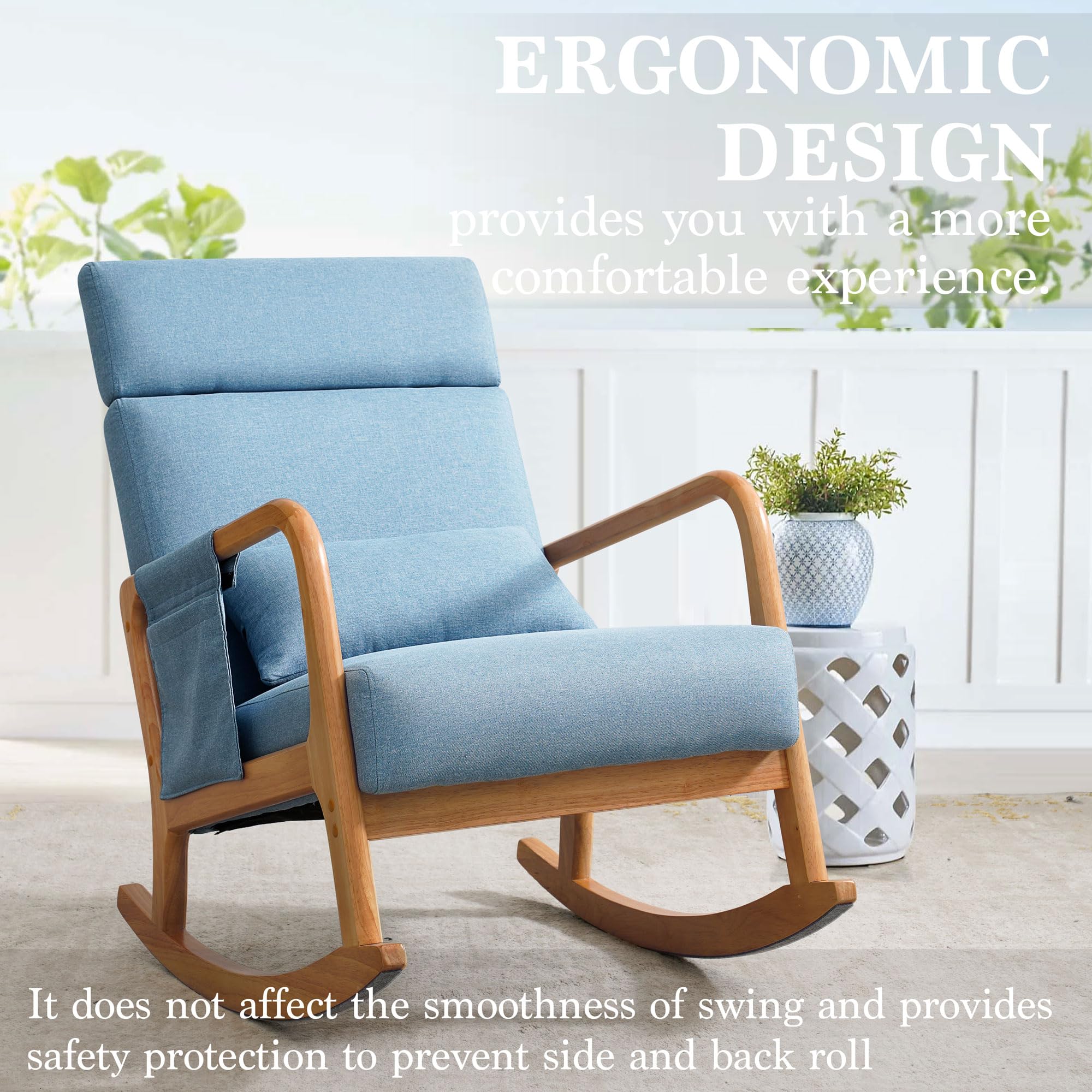 COOSLEEP Rocking Chair, Upholstered Glider Rocker with Adjustable Backrest, Solid Wood 350Lbs Support Rocking Chairs for Bedroom, Living Room (Blue)