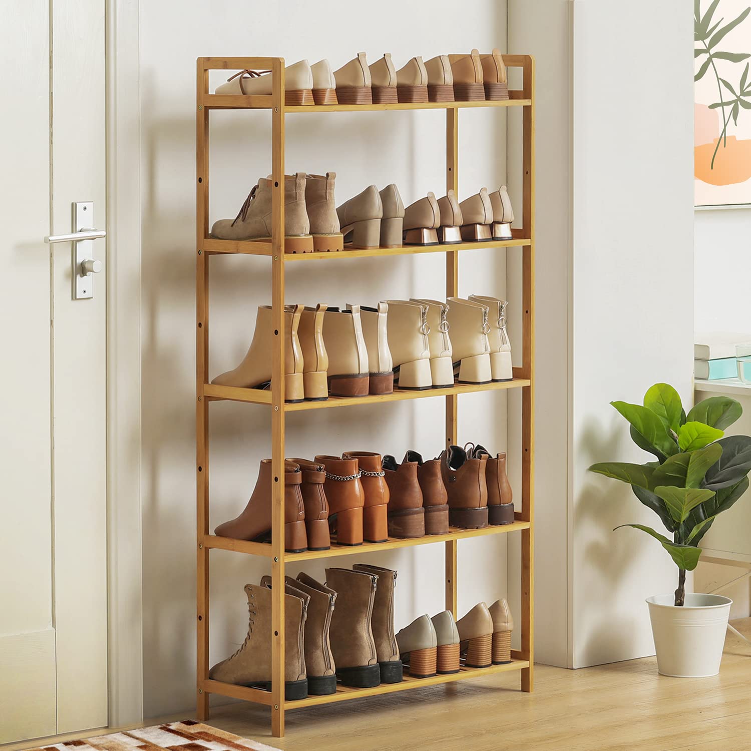 MoNiBloom 5 Tier Bamboo Shoe Rack with Handles, Bamboo Adjustable Storage Shoe Stand Organizer for 16-20 Pairs Home Entryway Hallway Office Bedroom Balcony, Natural