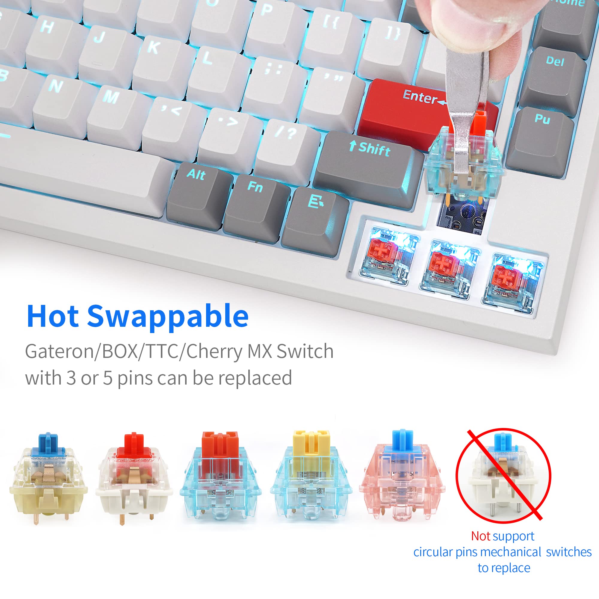 BOYI GK75 Tri-Mode 75% Keyboard with Knob Hot Swappable RGB Mechanical Keyboard,2.4Ghz/Bluetooth 5.0/Wired Keyboard 80 Keys Programmable Gmaing Keyboard (Skyloong Brown Switch,Cool-Red Theme)