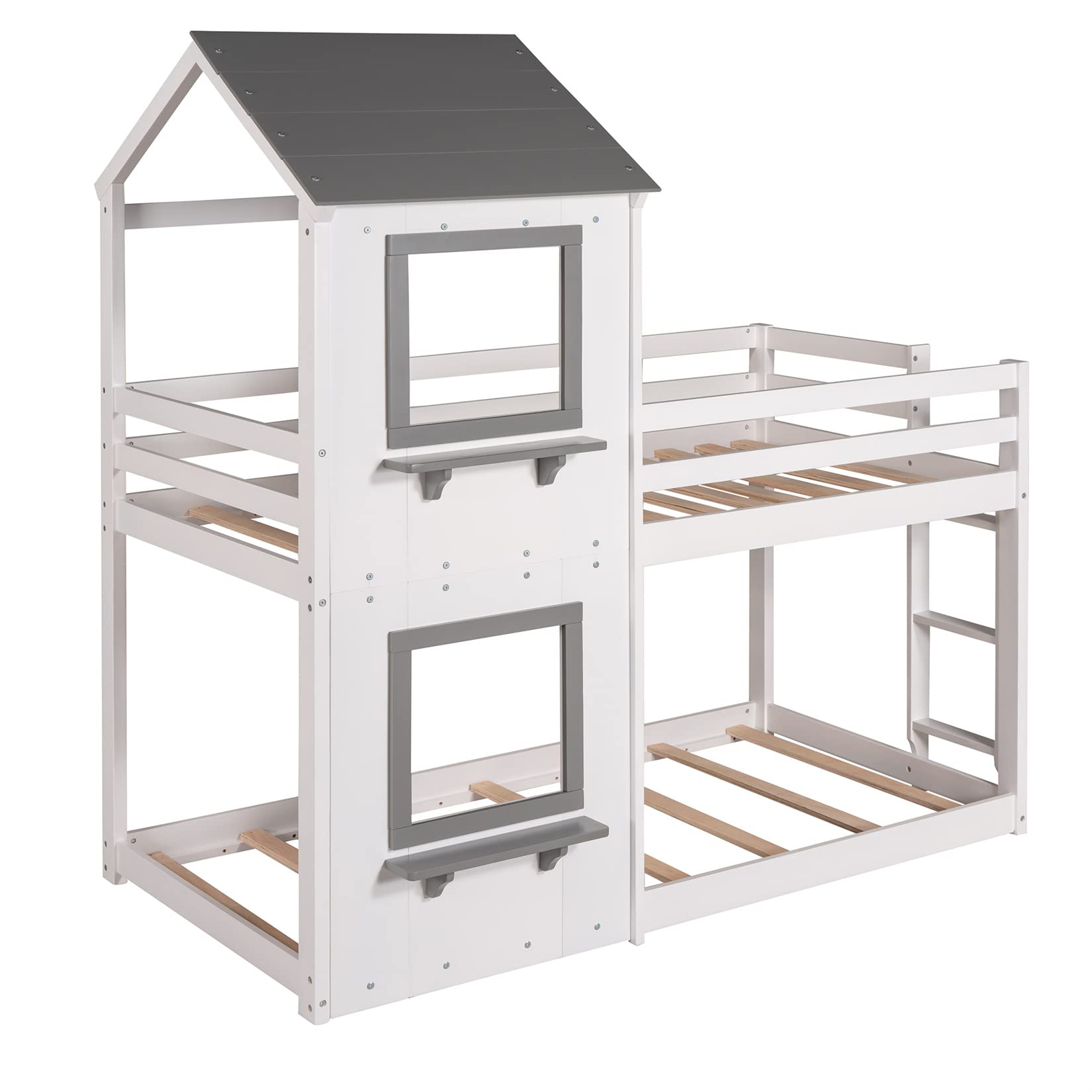 House Bunk Beds, Twin Over Twin Bunk Bed Wooden Floor Bunk Bed Frame for Kids/Teens/Girls/Boys, White
