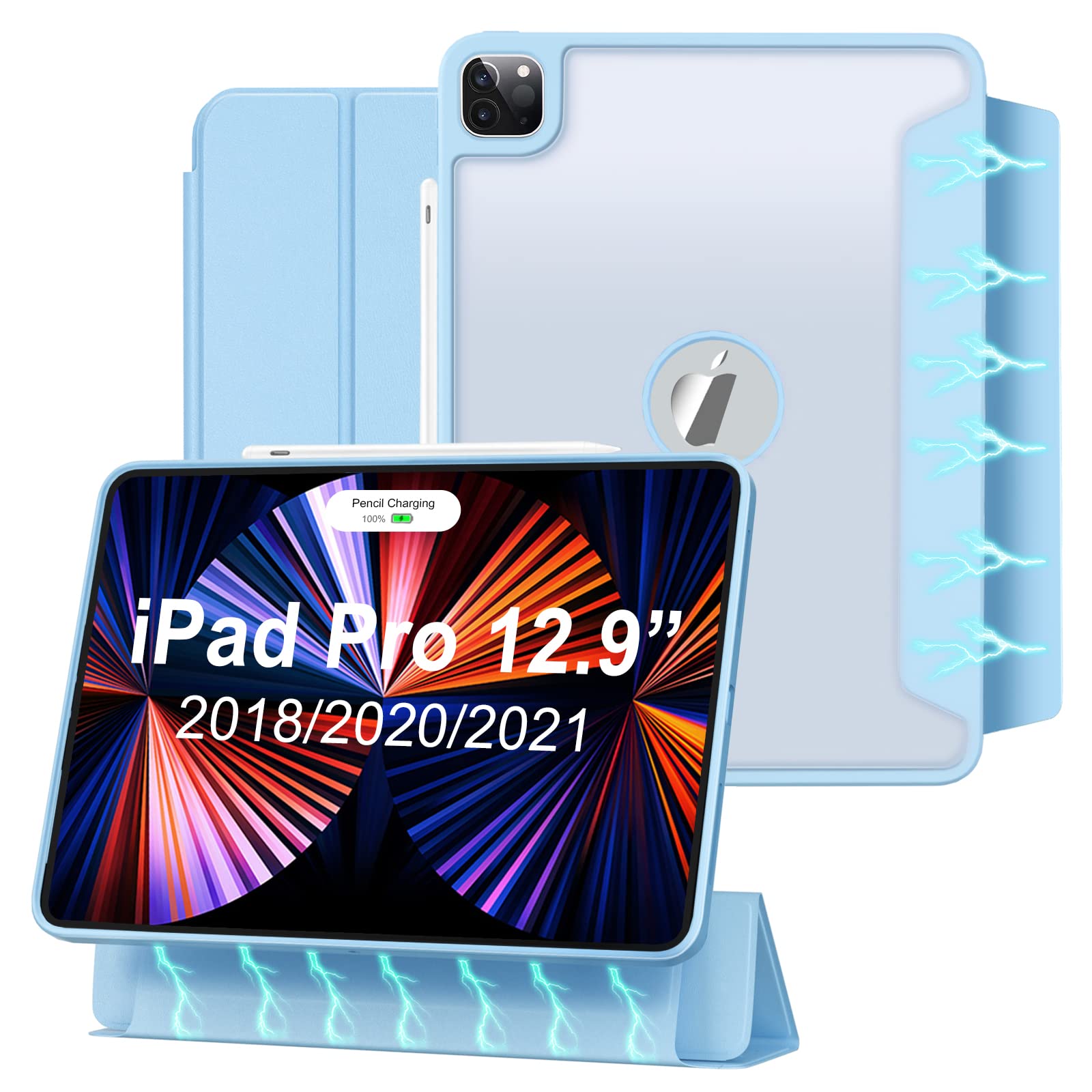 Case for iPad Pro 12.9 2022/2021/2020/2018 Gen 6th/5th/4th/3rd,2 in 1 Detachable Magnetic Case,Anti-fingerprint Frosted Case and Washable Leather Protective Cover Support Pen Charger(Blue)