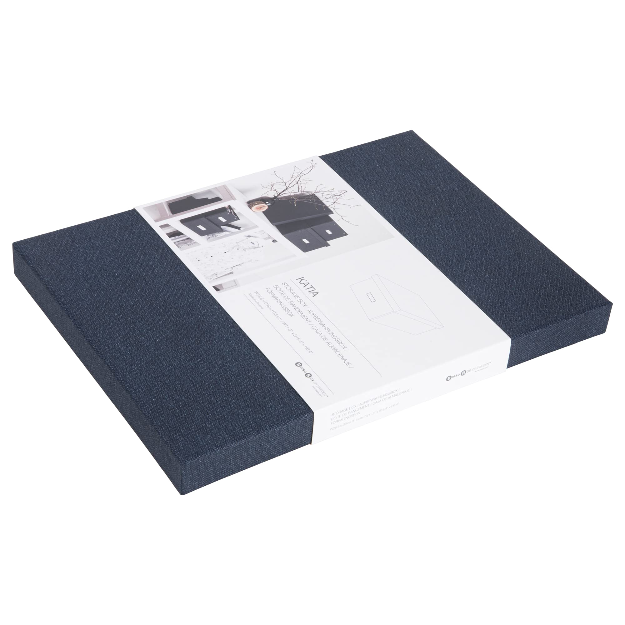 Bigso Katia KD Collapsible Storage Box | Photo Storage Box with Labelframe for Easy Identification | Simple Assembly without Tools | Decorative Storage Boxes with Lids | 11.3"x15.4"x6.4" | Blue