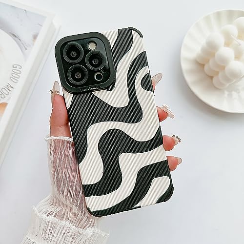 INJPCUCA Designed for iPhone 13 Pro Case, Cute Wave Pattern Design Black Protective Case for Women Girls PU Leather Silicone Slim Shockproof Cover for iPhone 13 Pro 6.1", Beige White