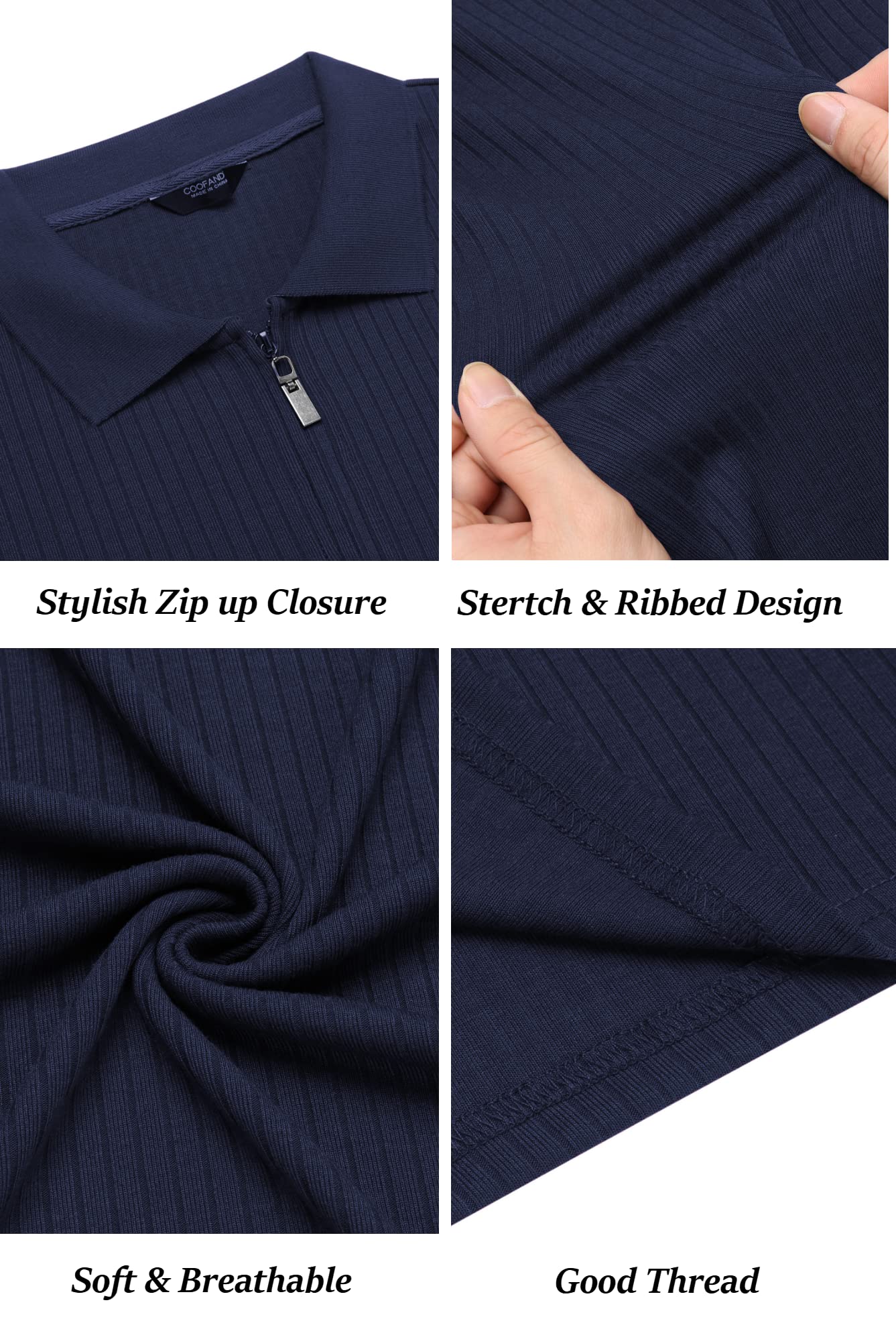 COOFANDY Men's Short Sleeve Slim Fit Polo Shirts 1/4 Zip T Shirts Bodybuilding Workout Tees Navy Blue