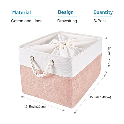 HOdo Home Fabric Storage Bin with Drawstring Closure and 2 Bold Handles, Collapsible Large Canvas Storage Baskets for Organizing Shelf Nursery Home Closet (White&Pink, 15.8L×11.8W×9.5H - 3Pack)