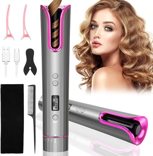 BlumWay Cordless Auto Hair Curler, Automatic Curling Iron with LCD Display Adjustable Temperature & Timer,Rechargeable & Portable Curling Wand for Travel,Magic Styling Tools(Purple)