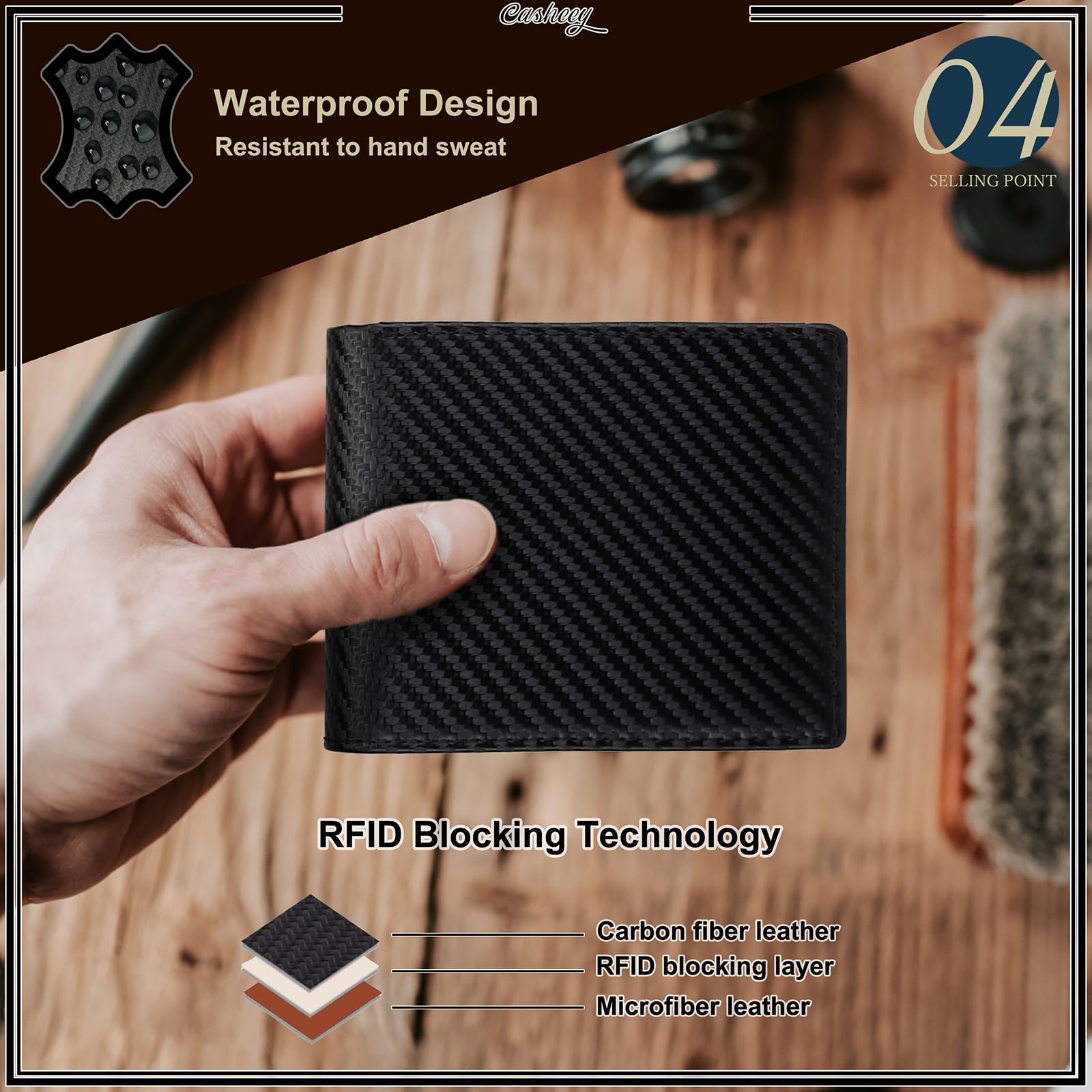 Casheey Men's Wallet with Coin Pocket, Foldable Box Design, Holds 14-16 Cards, Carbon Fiber Leather, RFID Protection, Large Capacity Bifold Wallet for Men, Exquisite Packaging