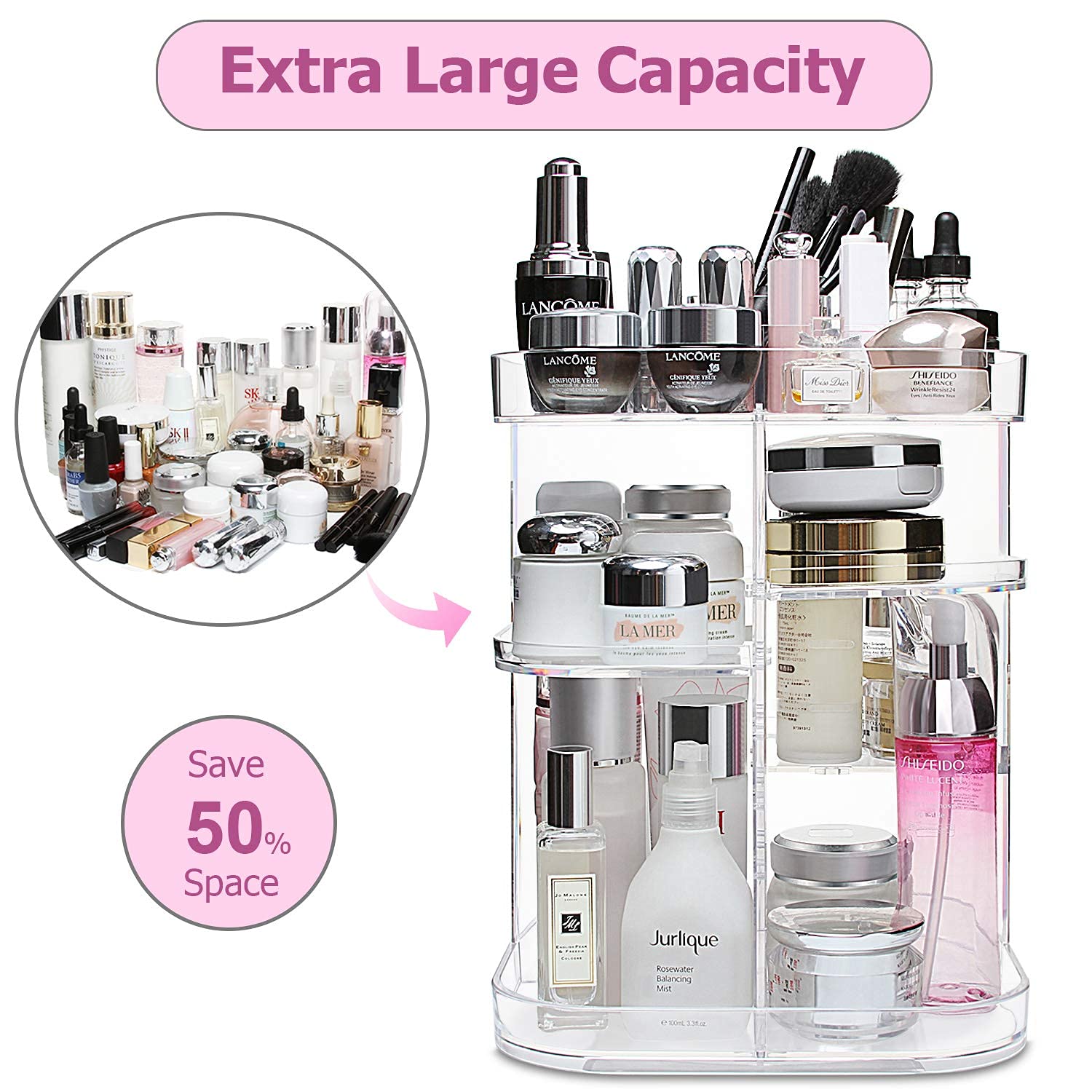 Boxalls Makeup Organizer 360 Degree Rotating Storage, Multi-Function Clear Carousel Cosmetic Organizer with 5 Layers Large Capacity, Great for Countertop Vanity Bathroom Bedroom, Square Shape