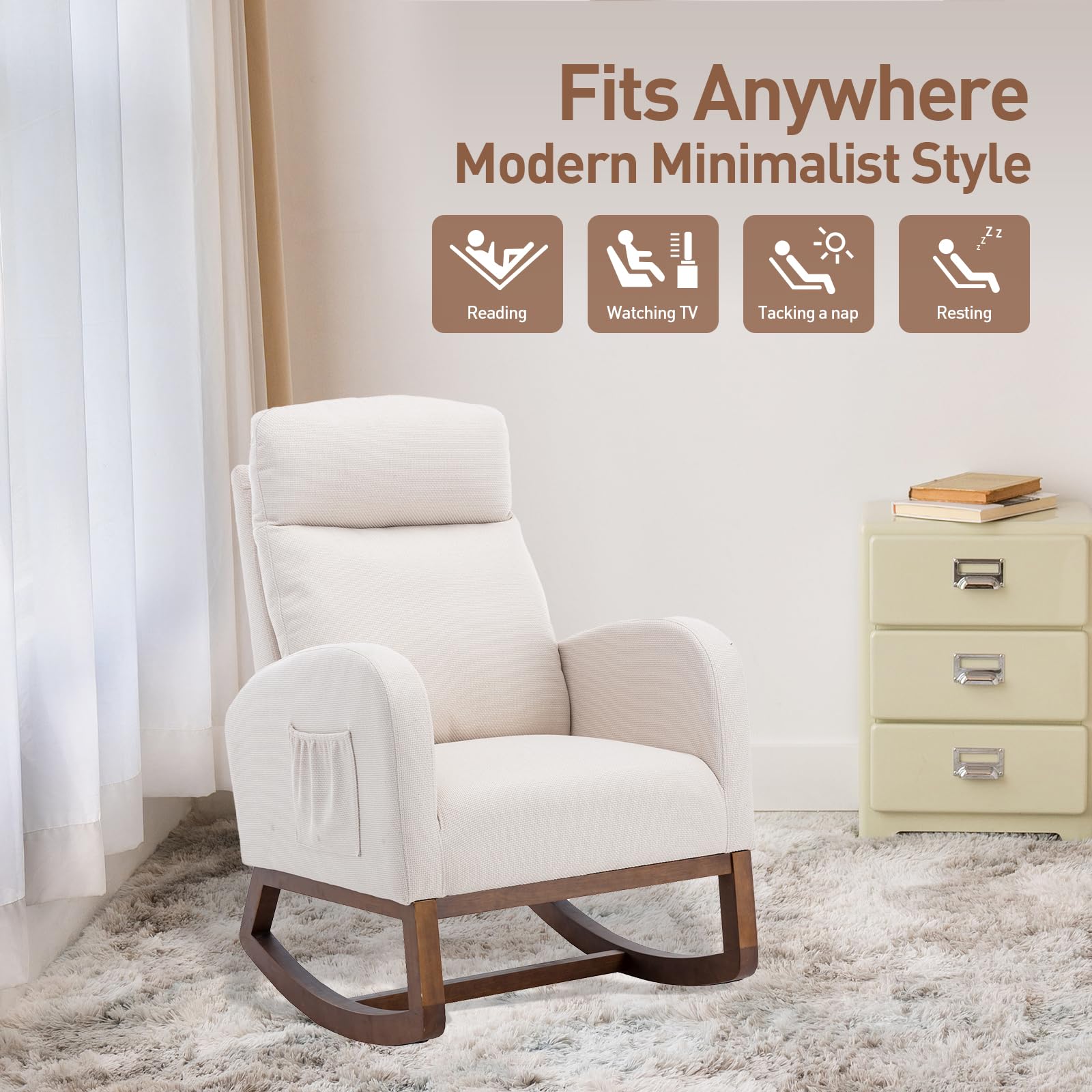 BIGTREE Modern Rocking Chair, Nursery Glider Rocker with Upholstered 2 Side Pocket Comfortable Armchair and High Backrest Accent Indoor for Living Room Lounge