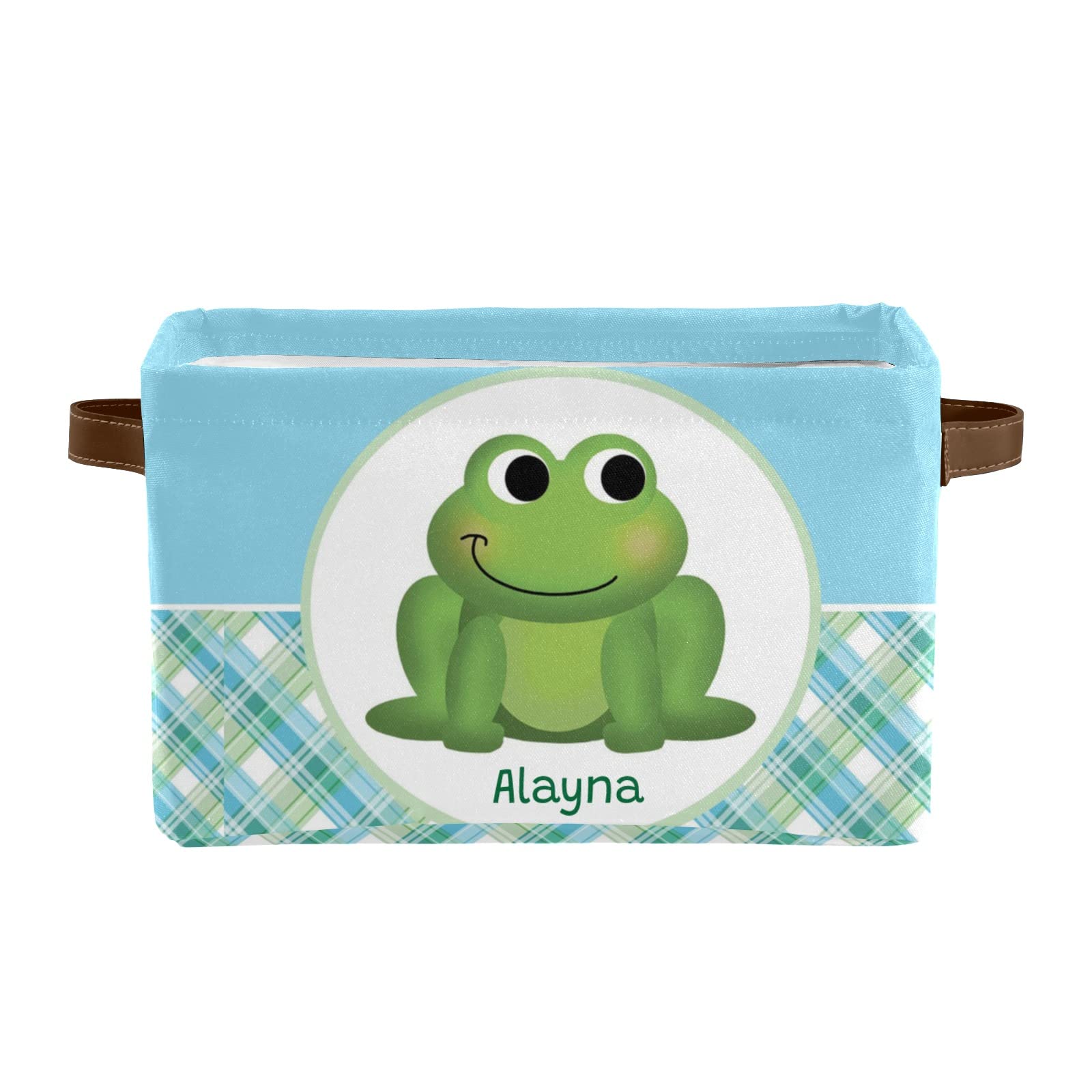 Cute Frog Green and Blue Plaid Personalized Storage Bins,Foldable Baskets Organizer with Handle for Nursery Pet Toy Clothes Box 1 Pack