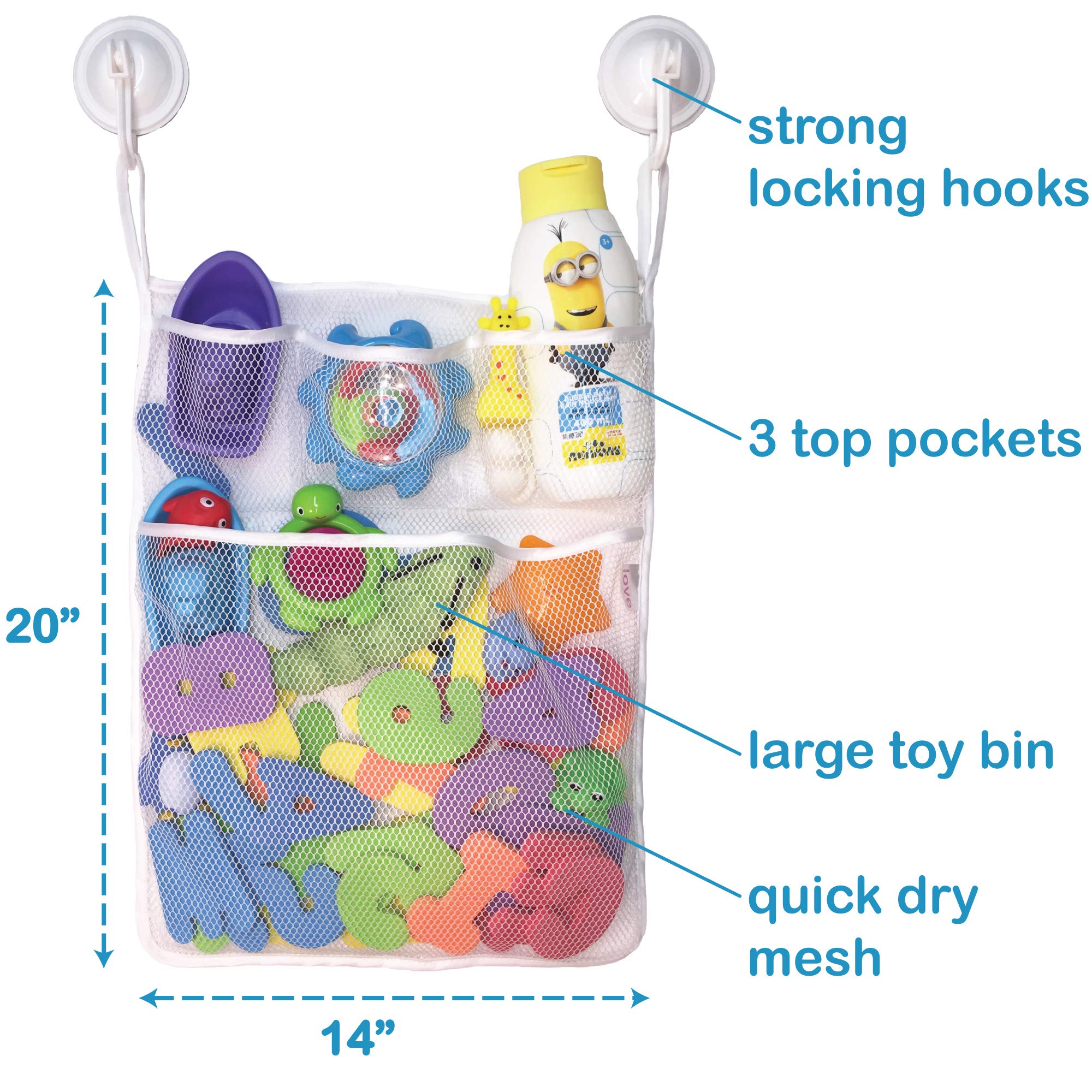 Lilly's Love Bath Toy Storage - Large 14 x 20 inch Bathtub Toy Holder + 2 Locking Hooks, Quick Dry & Easy for Kids to Put Bath Toys Away