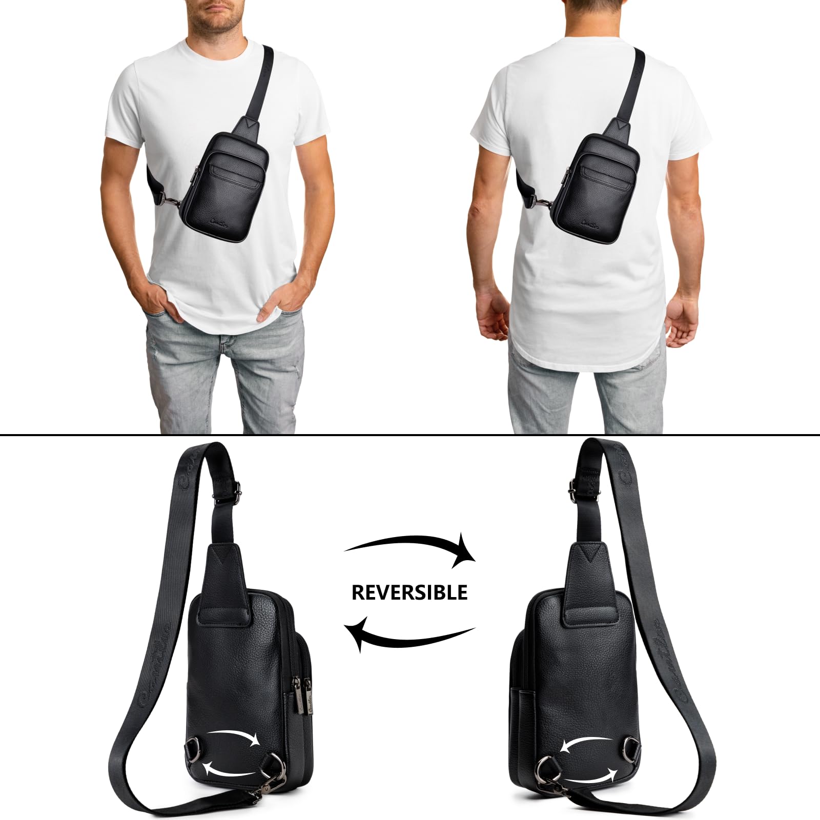 CANTLOR Small Leather Sling Bag Backpack for Men Crossbody Bag Fanny Pack Casual Hiking Travel Daypack
