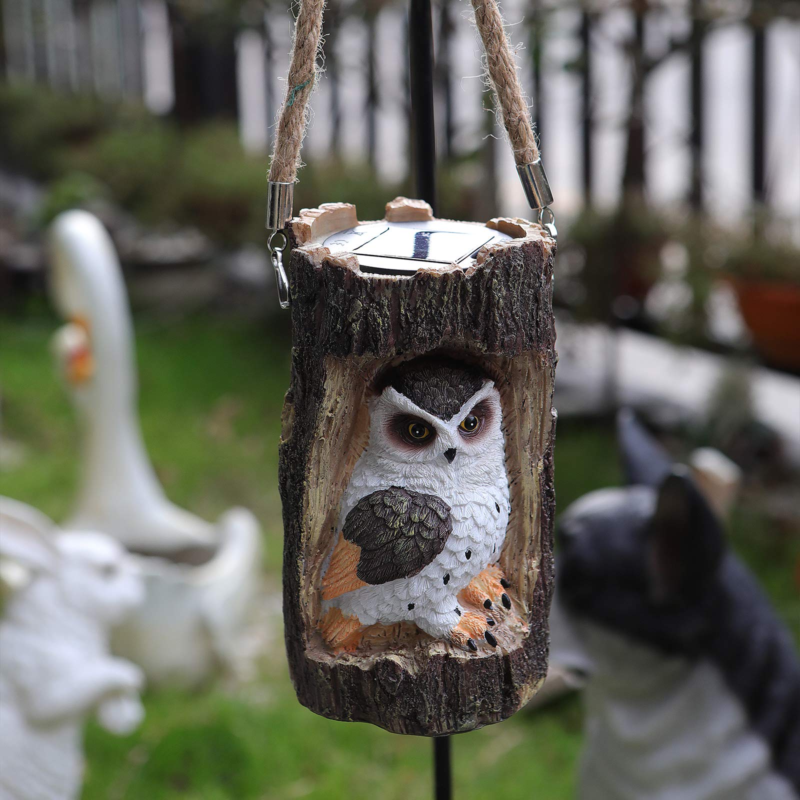 KZOBYD Solar Hanging Lanterns Outdoor Waterproof Owl Stump Lamp with Handle LED Owl Statue Light Lawn Figurine Solar Powered for Patio Courtyard Yard Garden Porch Tabletop Decor (Brown Wing)