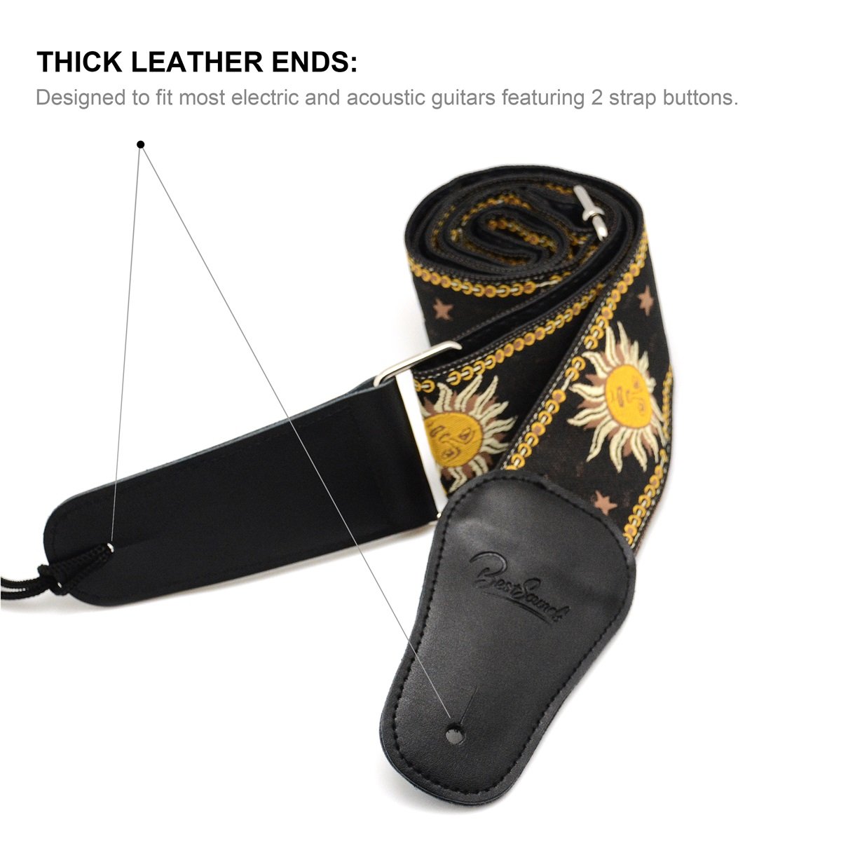 BestSounds C-150 Leather Adjustable Guitar Strap, Sun Jacquard Weave For Bass Electric and Acoustic Guitars, Black