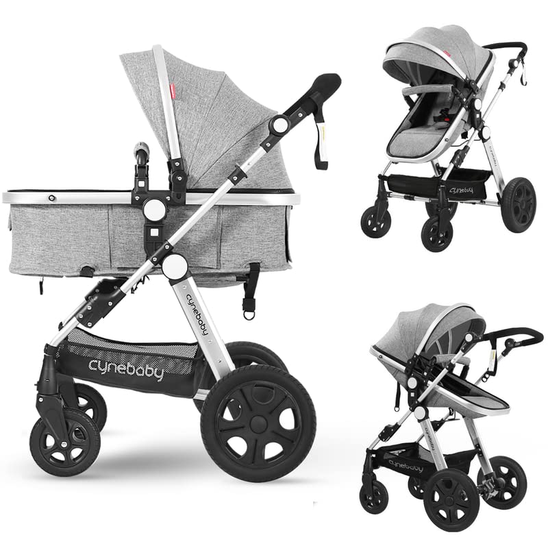 Cynebaby Baby Stroller, Convertible Bassinet Stroller for Newborn Infant Lightweight Pram Strollers with Snack Tray… (Gray)