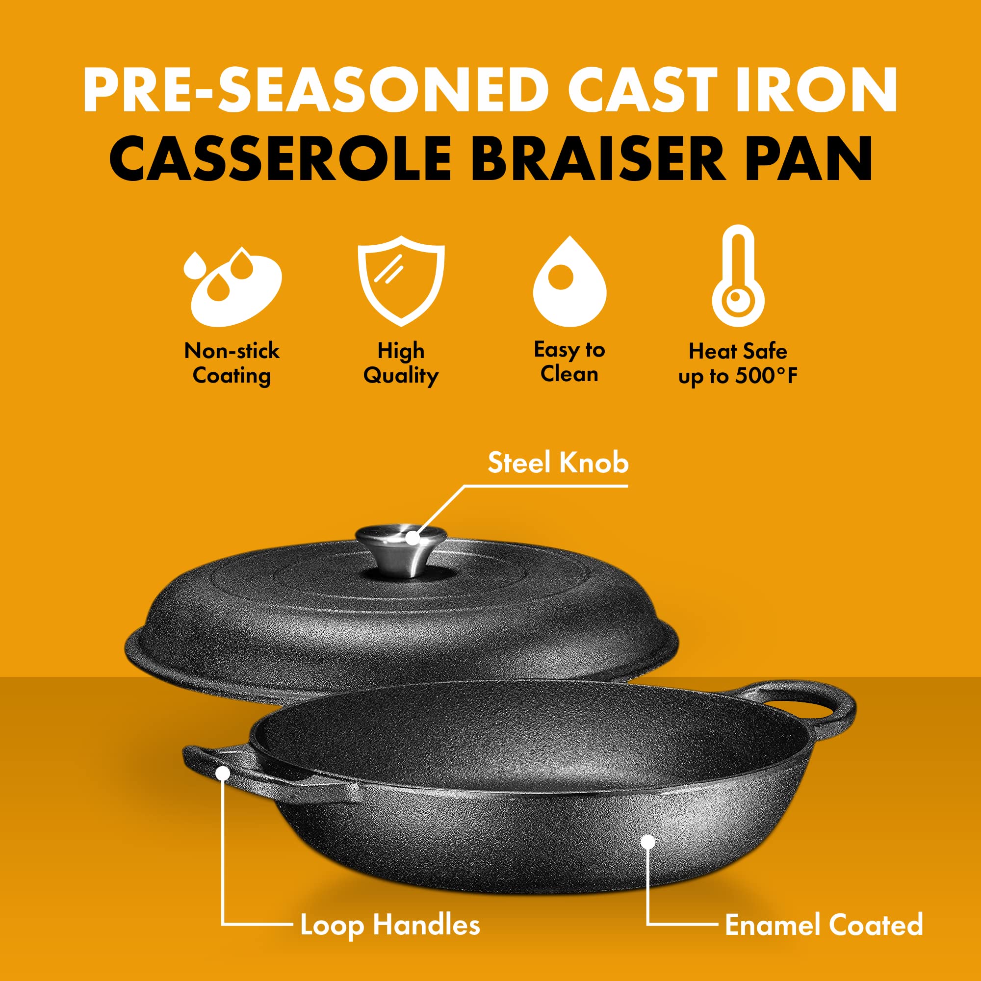Bruntmor 4.5 Quart Pre-seasoned Enameled Cast Iron Dutch Oven With Dual Handles And Lid, Red Cast Iron Skillet, Shallow Cookware Braising Pan For Cast Iron Casserole Dish, Crock Pot Covered