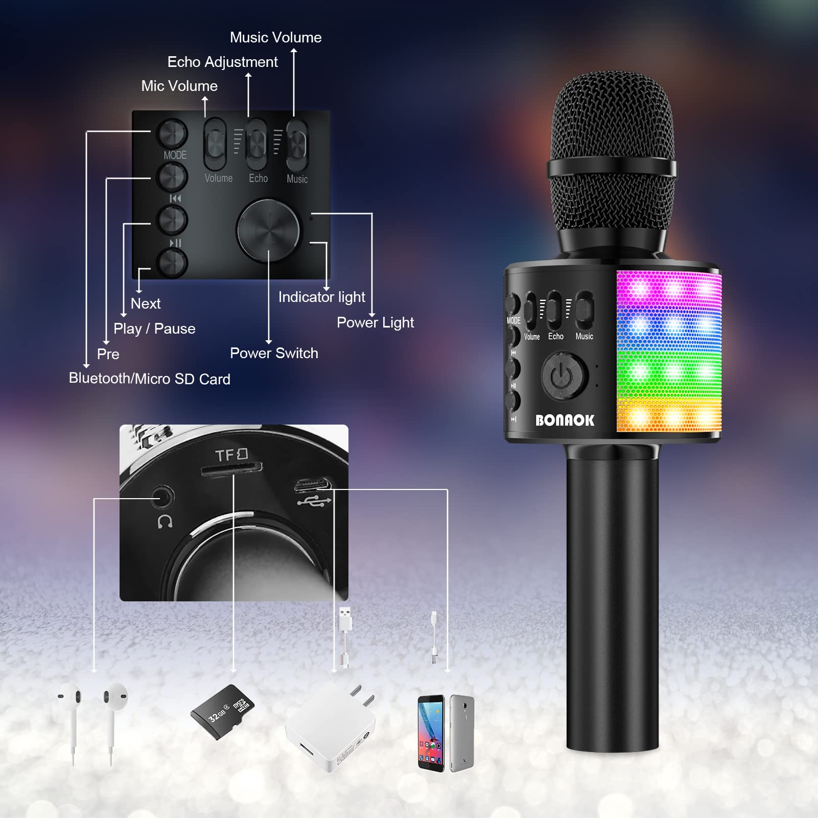 BONAOK Karaoke Microphone for Kids Adults Wireless Mic with Bluetooth Speaker Rechargeable Portable Handheld Echo Microphones with Disco Light for Party Home Outdoor Speaking Singing,Q37L (Black)