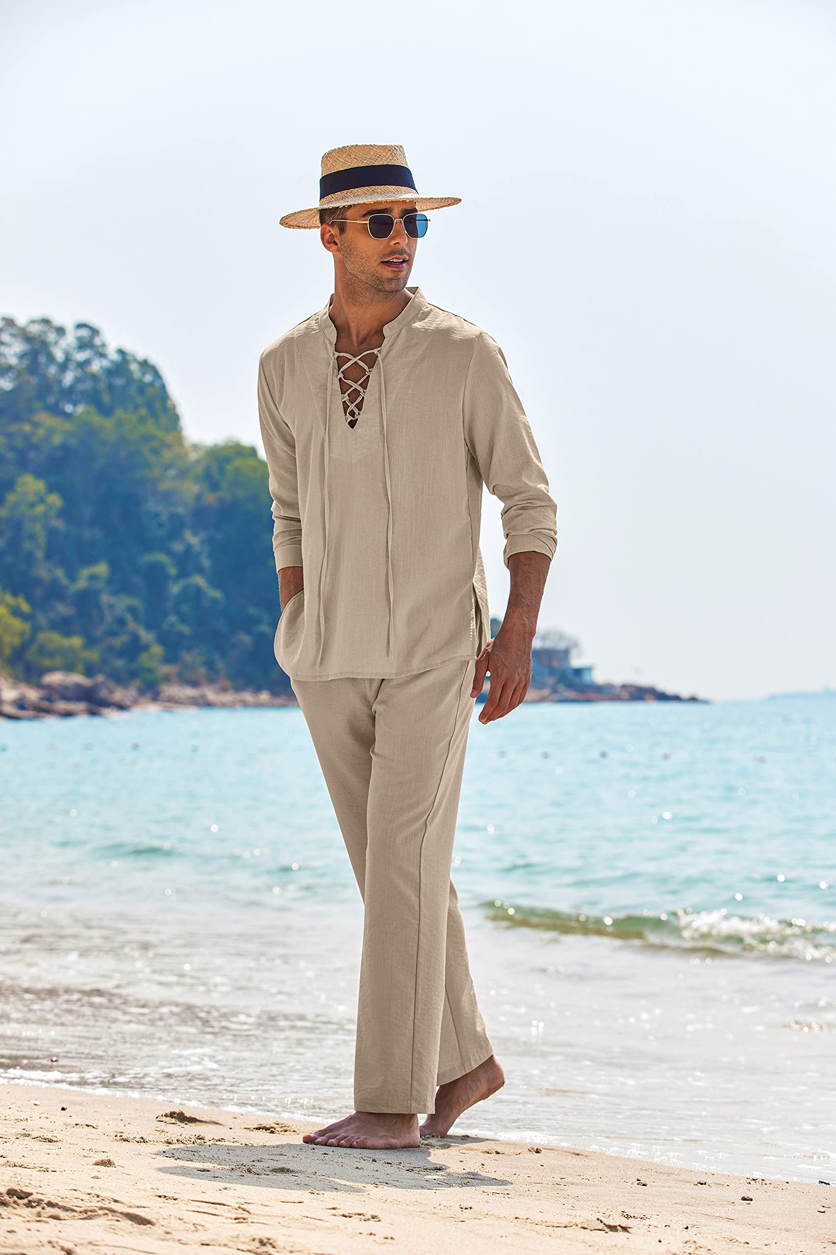 COOFANDY Men's 2 Piece Linen Set Long Sleeve Henley Shirts Casual Beach Pants With Pockets Summer Yoga Outfits