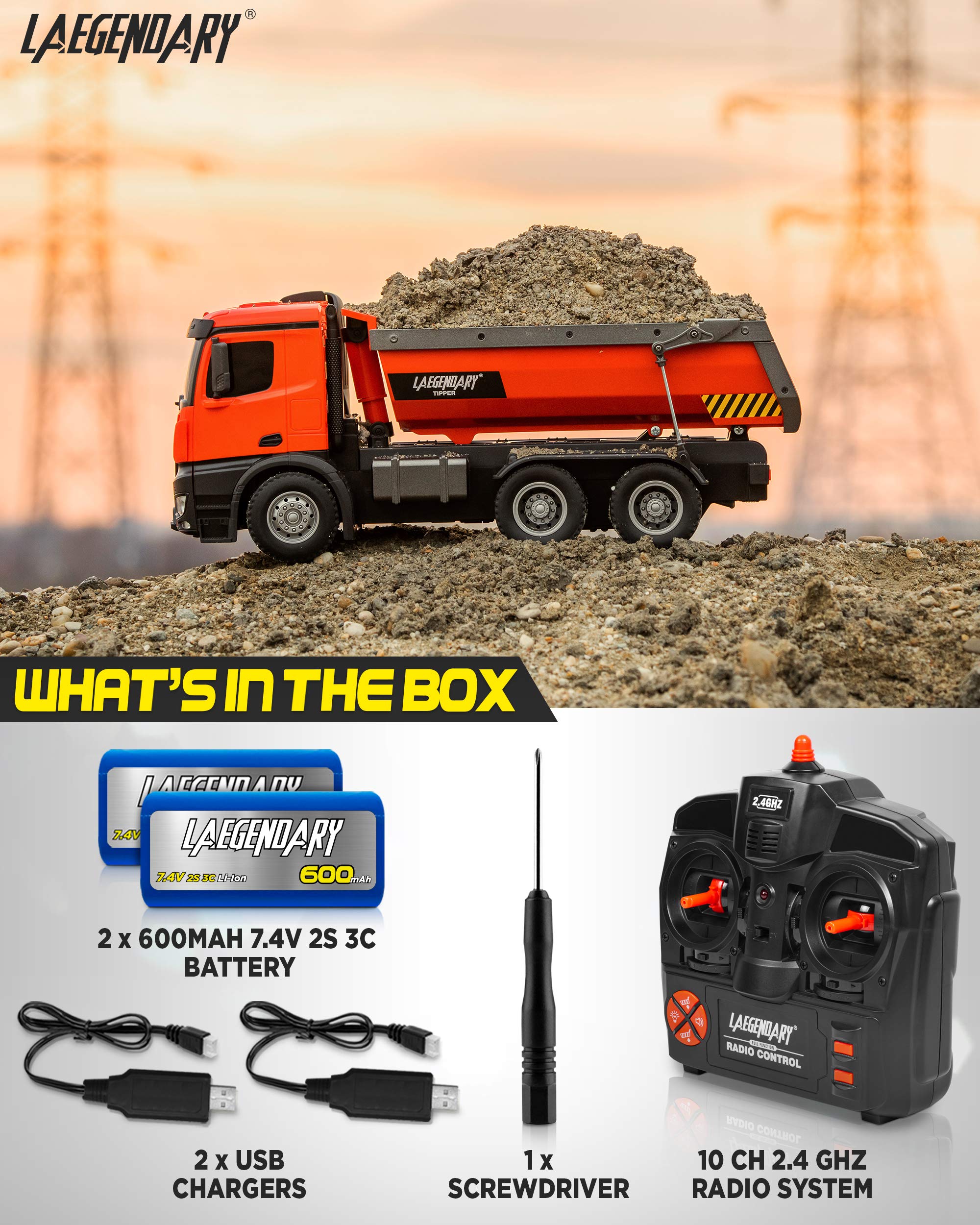 LAEGENDARY 1:14 Scale Large RC Excavator for Boys and Adults β Compatible with Excavators RC Construction Vehicles - 10 Channel Full Functional - Metal and Plastic Parts β 2 Batteries, 2 Chargers