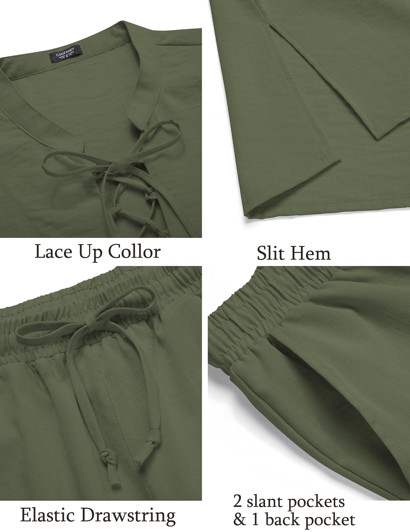 COOFANDY Men's 2 Piece Linen Sets Casual Long Sleeve Shirt and Loose Pants Set Beach Vacation Outfits, Army Green, Large