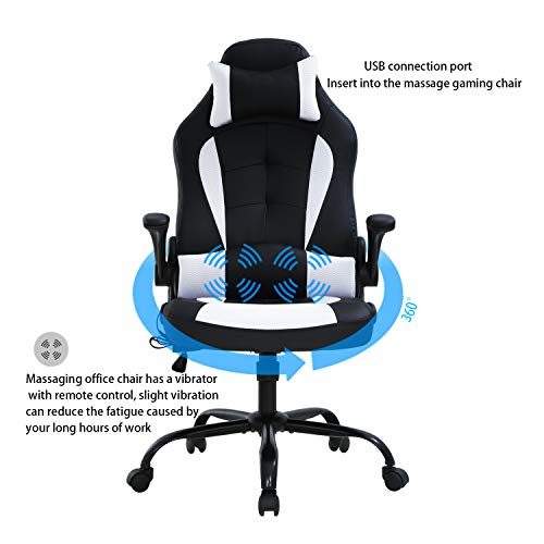 HCB Office Chair, Gaming Chair, Ergonomic Computer Desk Chair High Back Rolling Swivel Height Adjustable with Flip-Up Arms, Headrest and Lumbar Support, Massager, Leather (White)